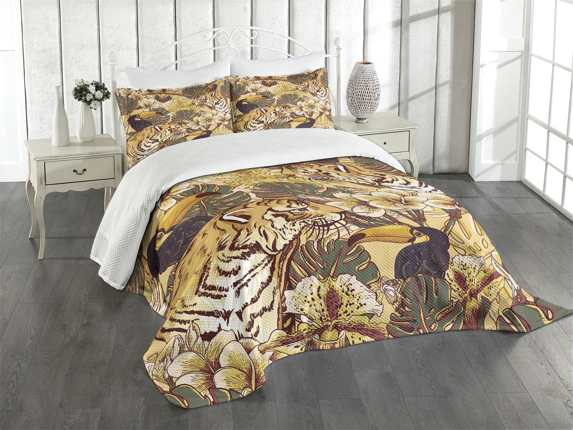 Ambesonne Tiger Quilted Bedspread Set 3 Pcs, Tropical Bengal Toucan ...