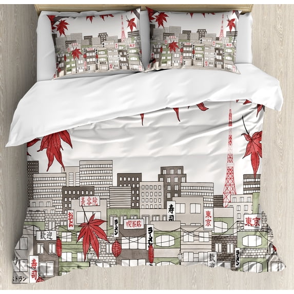 Ambesonne Tokyo Duvet Cover Sets, Japanese City Art Panorama, 2-Queen ...