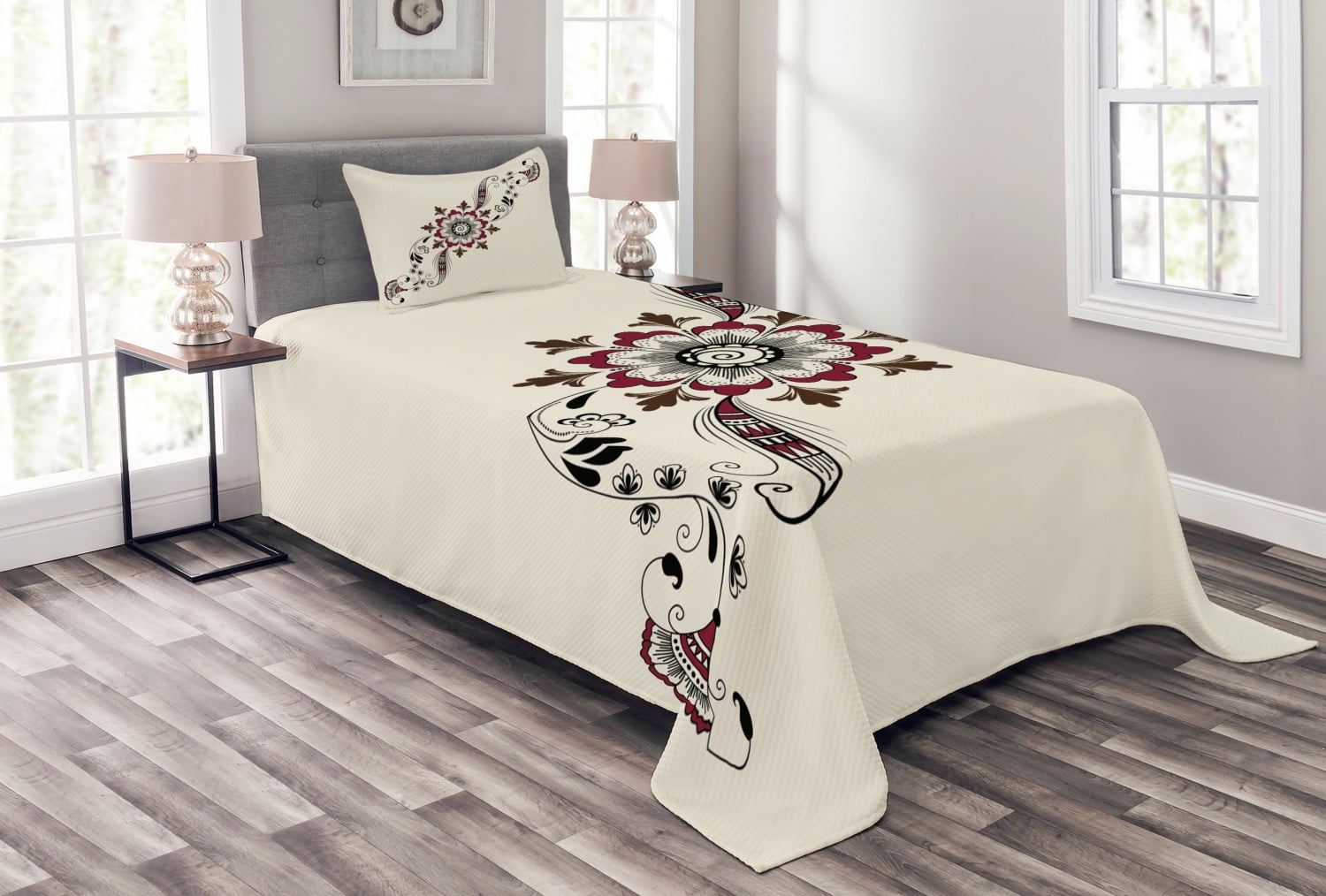 Ambesonne Traditional Quilted Bedspread Set 2 Pcs, Far Eastern Floral ...