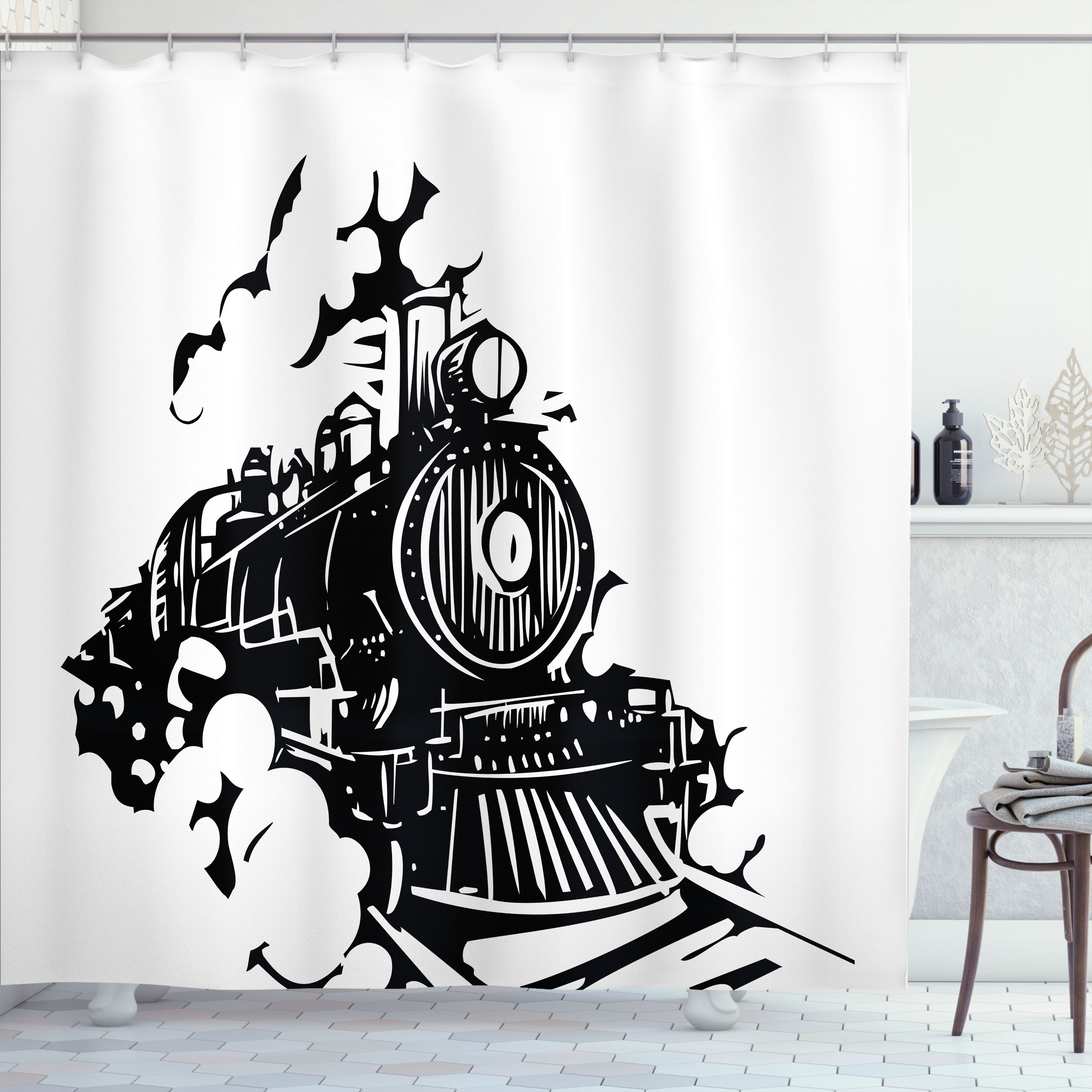 Ambesonne Train Shower Curtain, Woodcut Railroad Locomotive, 69"Wx75"L ...
