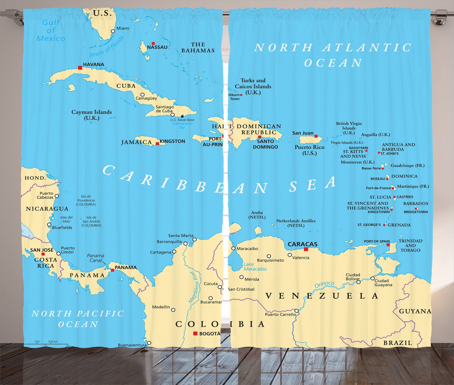 Ambesonne Travel Curtains 2 Panel Set, Caribbean Capitals Map, 108" x ...