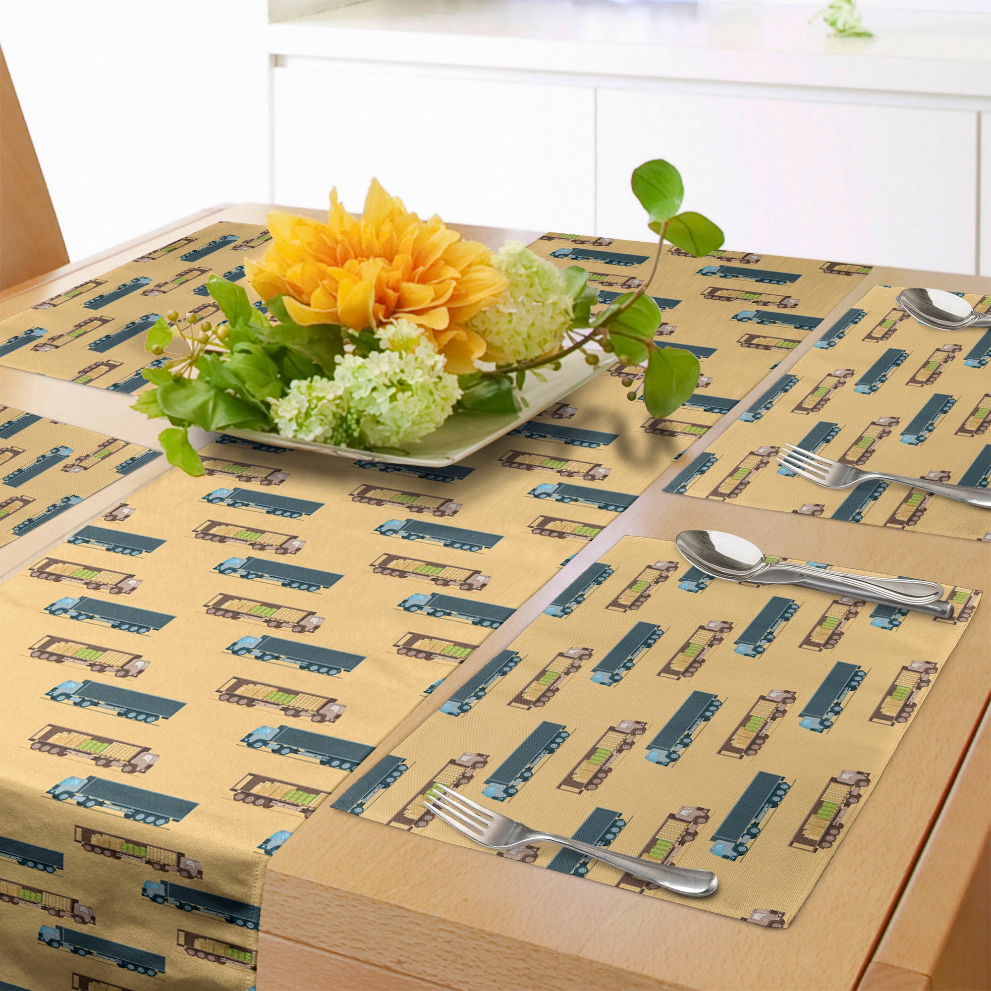 Ambesonne Travel Table Runner & Placemats, Delivery Trucks Cartoon Cars ...
