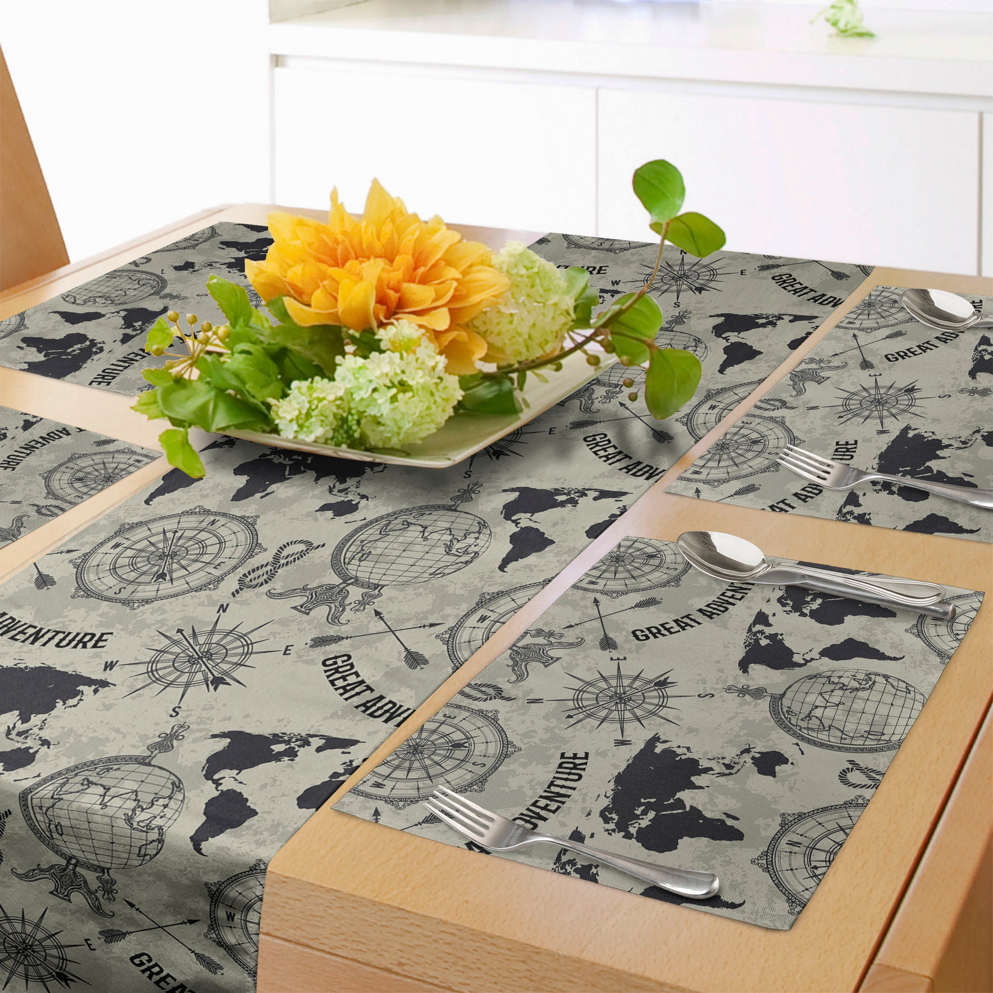 Ambesonne Travel Table Runner & Placemats, Vintage Adventure Art ...