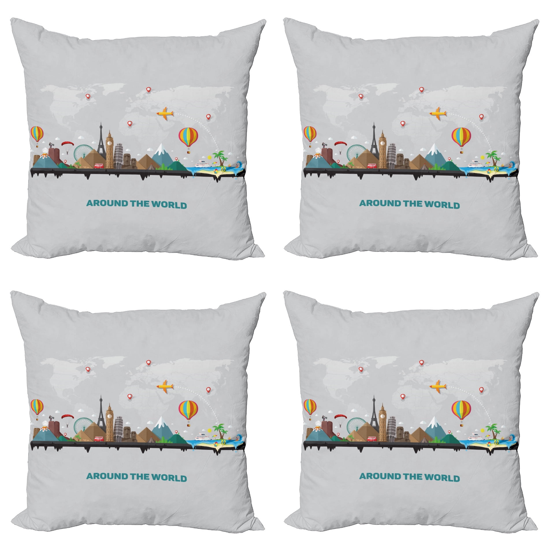 Ambesonne Travel Throw Pillow Cover 4 Pack, Around the World Landmarks ...