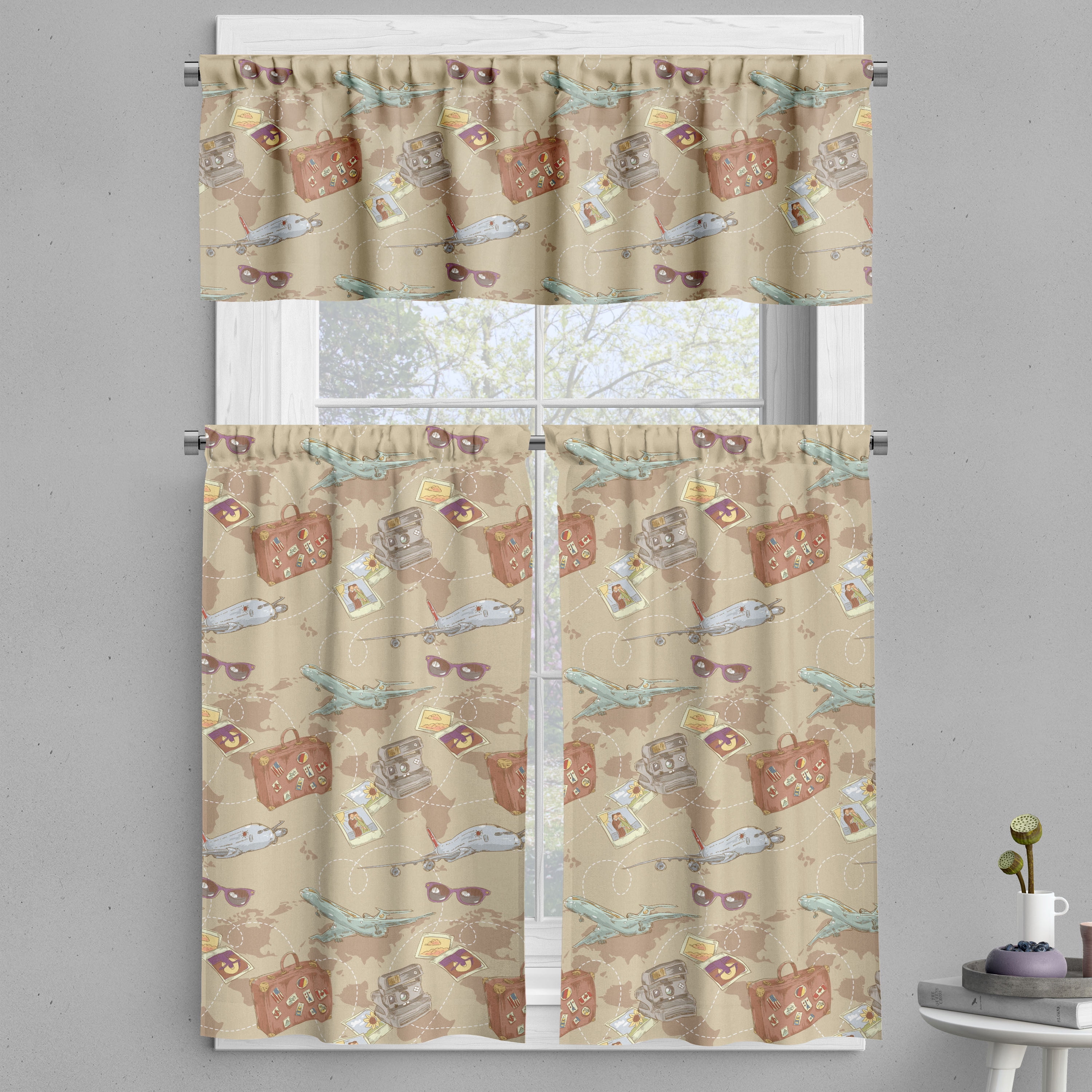 Ambesonne Travel Valance & Curtain, Plane Bag Camera World Map, 55"x24 ...