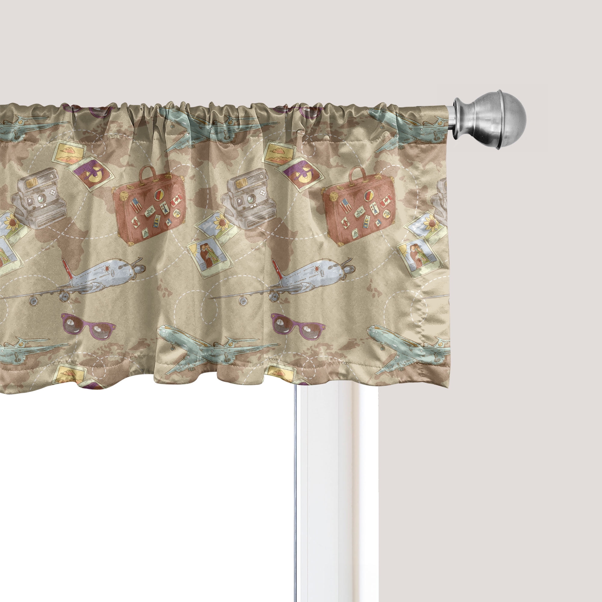 Ambesonne Travel Window Valance, Plane Bag Camera World Map, 42" x 12 ...