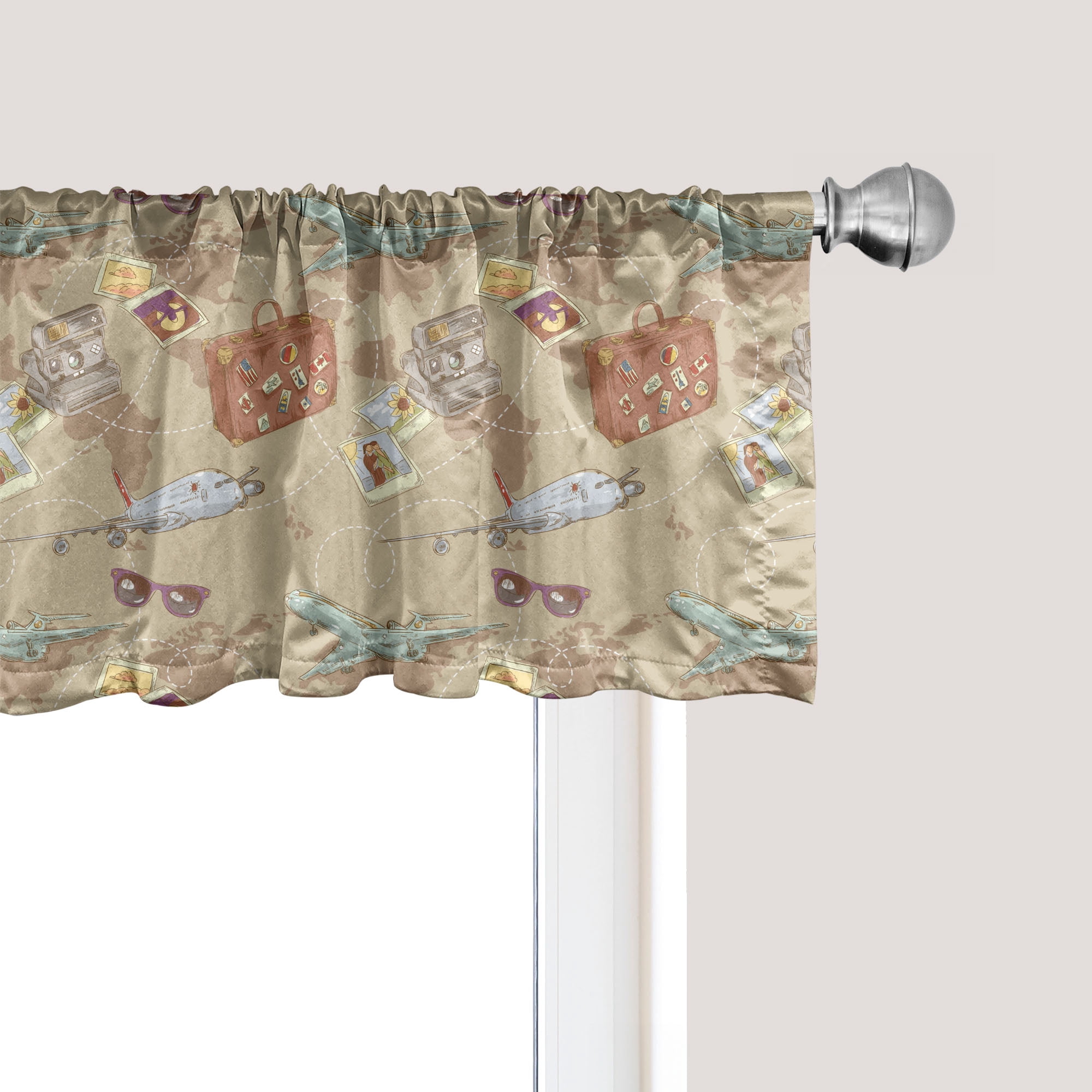 Ambesonne Travel Window Valance, Plane Bag Camera World Map, 54" X 12 ...
