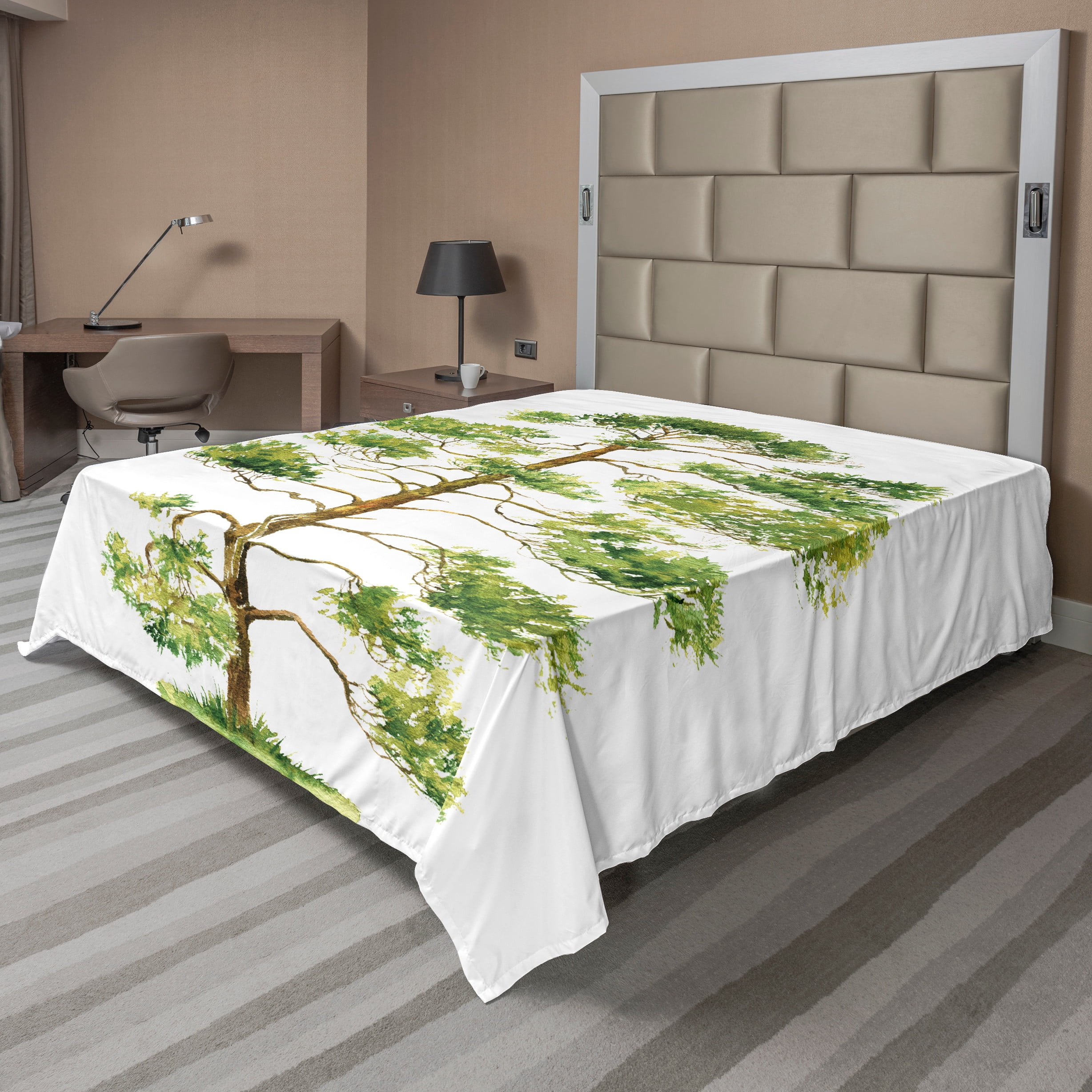 Ambesonne Tree Flat Sheet, Botanical Pine Silhouette, Queen Size, Olive ...