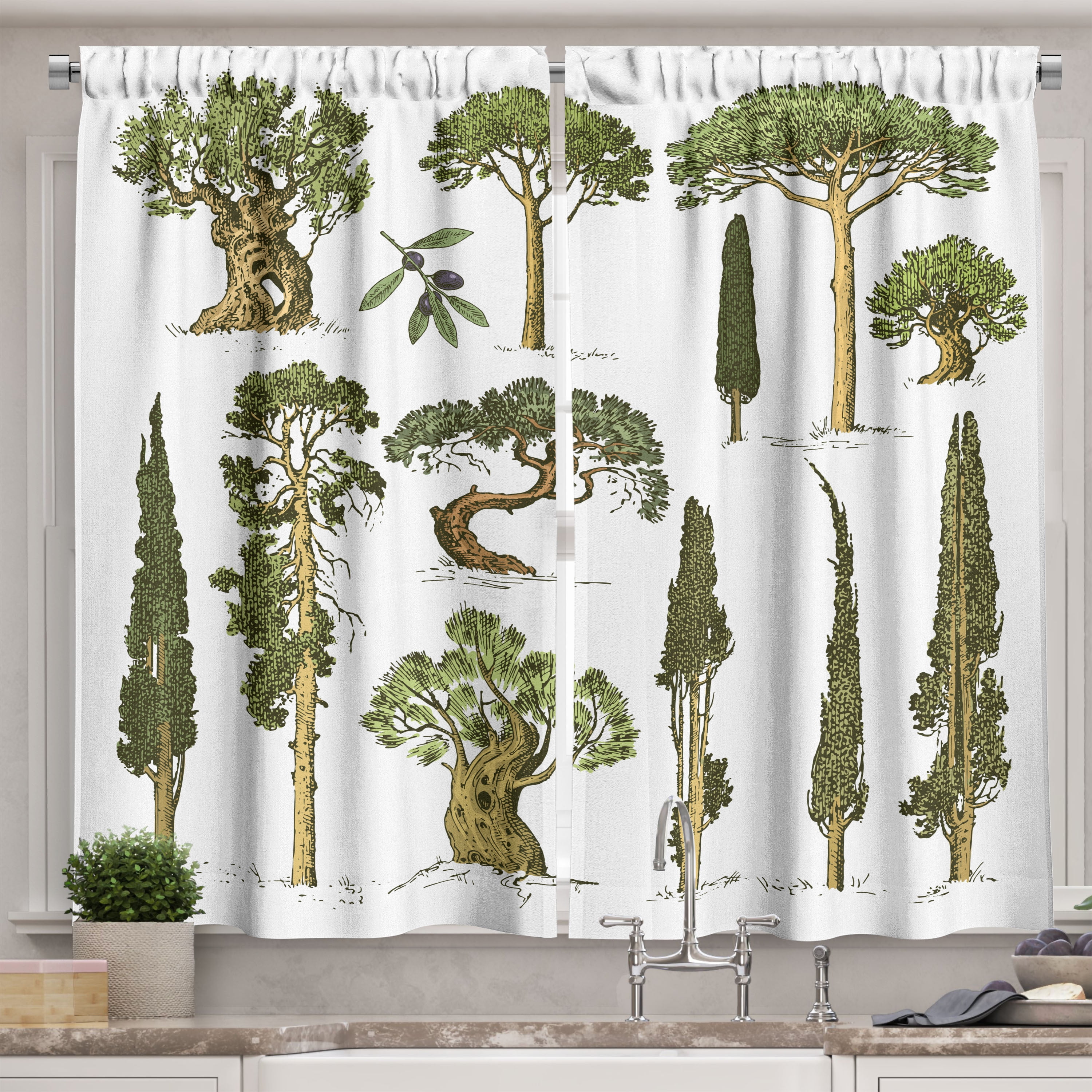 Ambesonne Tree Kitchen Curtains, Forest Growth Ecology, 55"x39", Pale ...