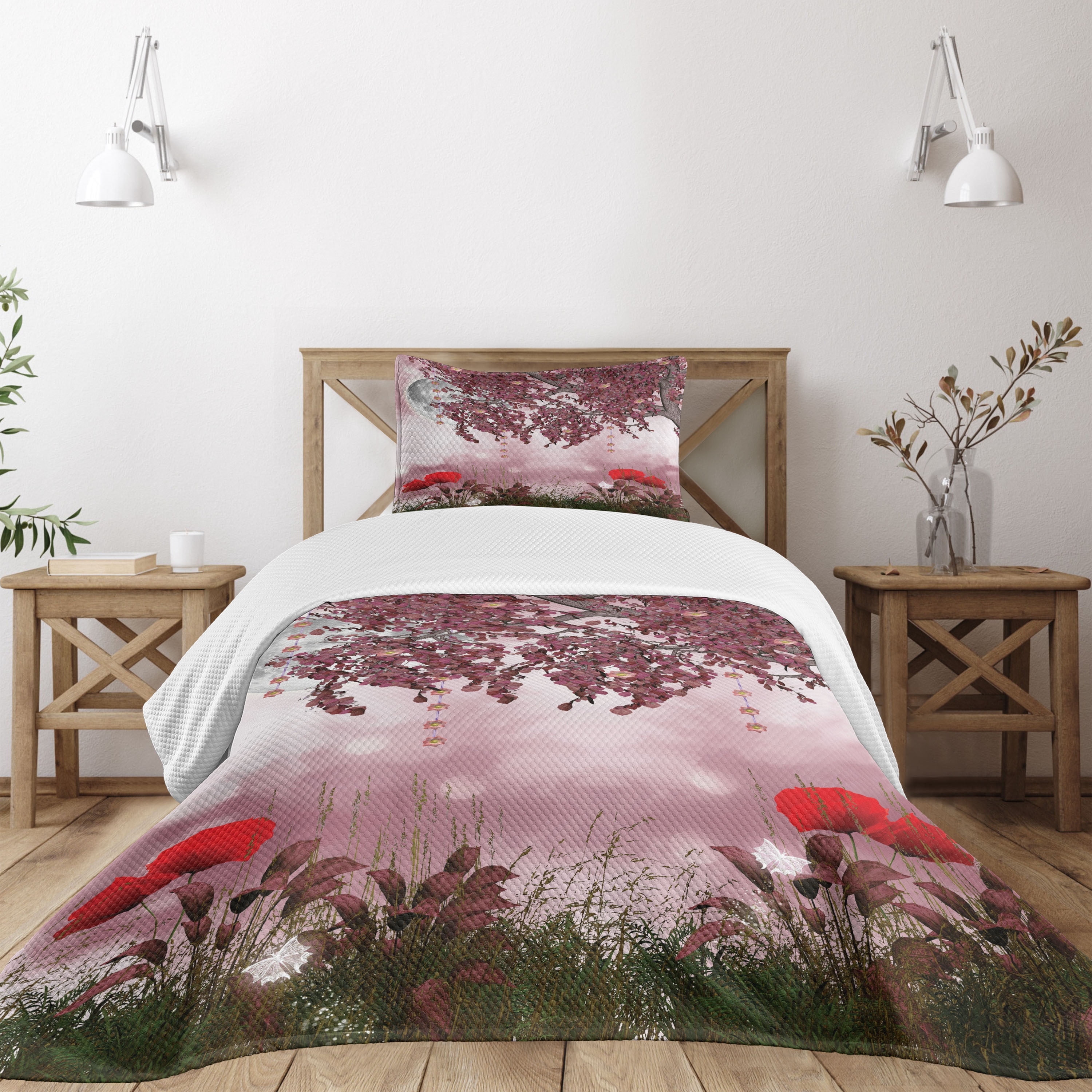 Ambesonne Tree Quilted Bedspread Set 2 Pcs, Dream Garden with Poppies ...