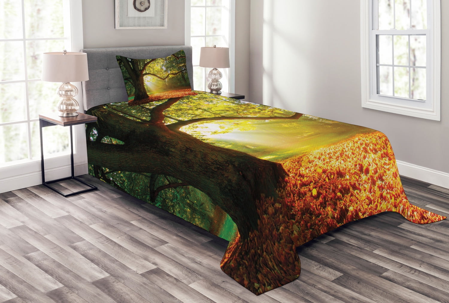 Ambesonne Tree Quilted Bedspread Set 2 Pcs, Oak Autumn Leaves, Twin ...