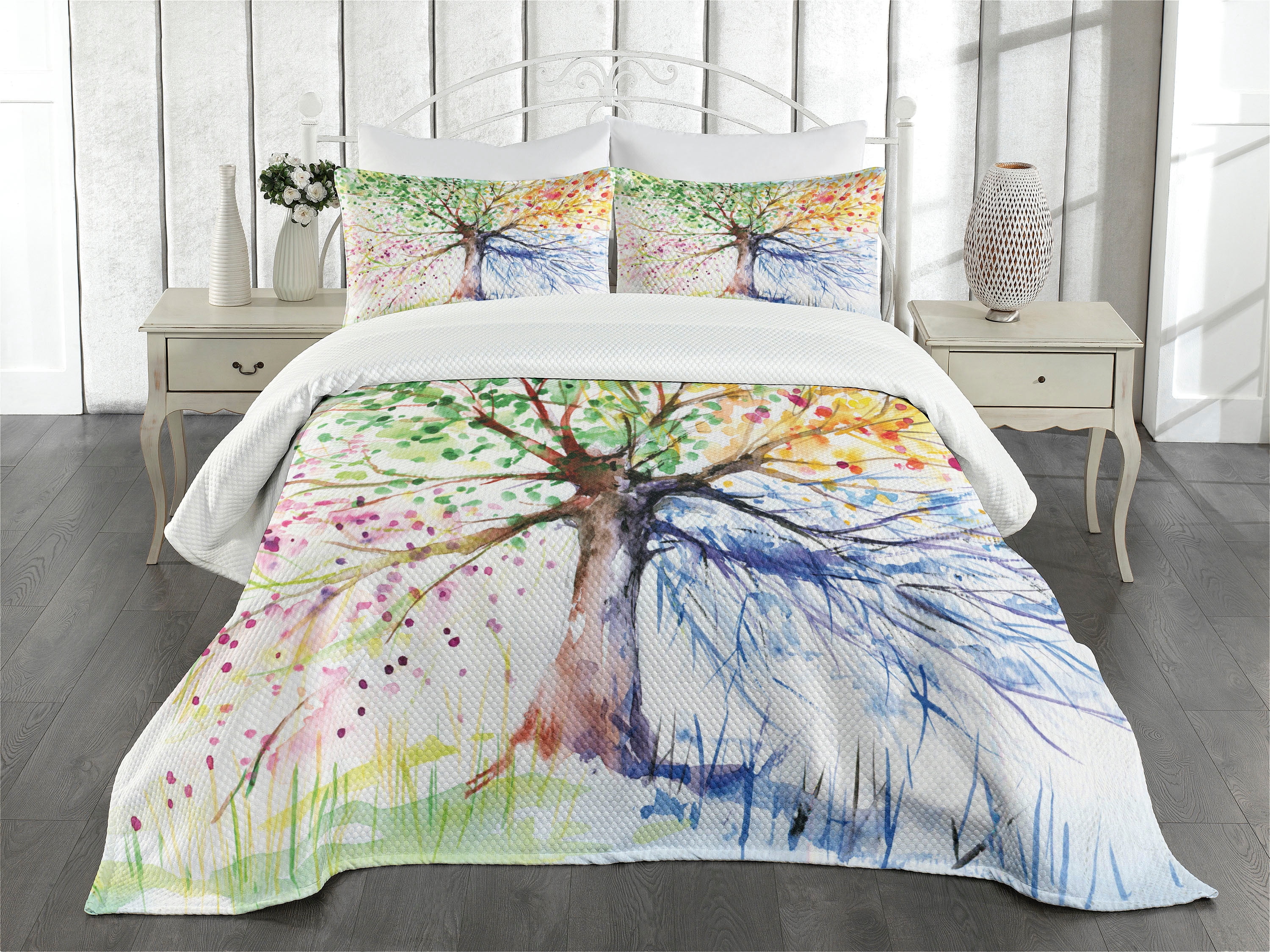 Ambesonne Tree Quilted Bedspread Set 3 Pcs, 4 Seasons Colorful, King ...