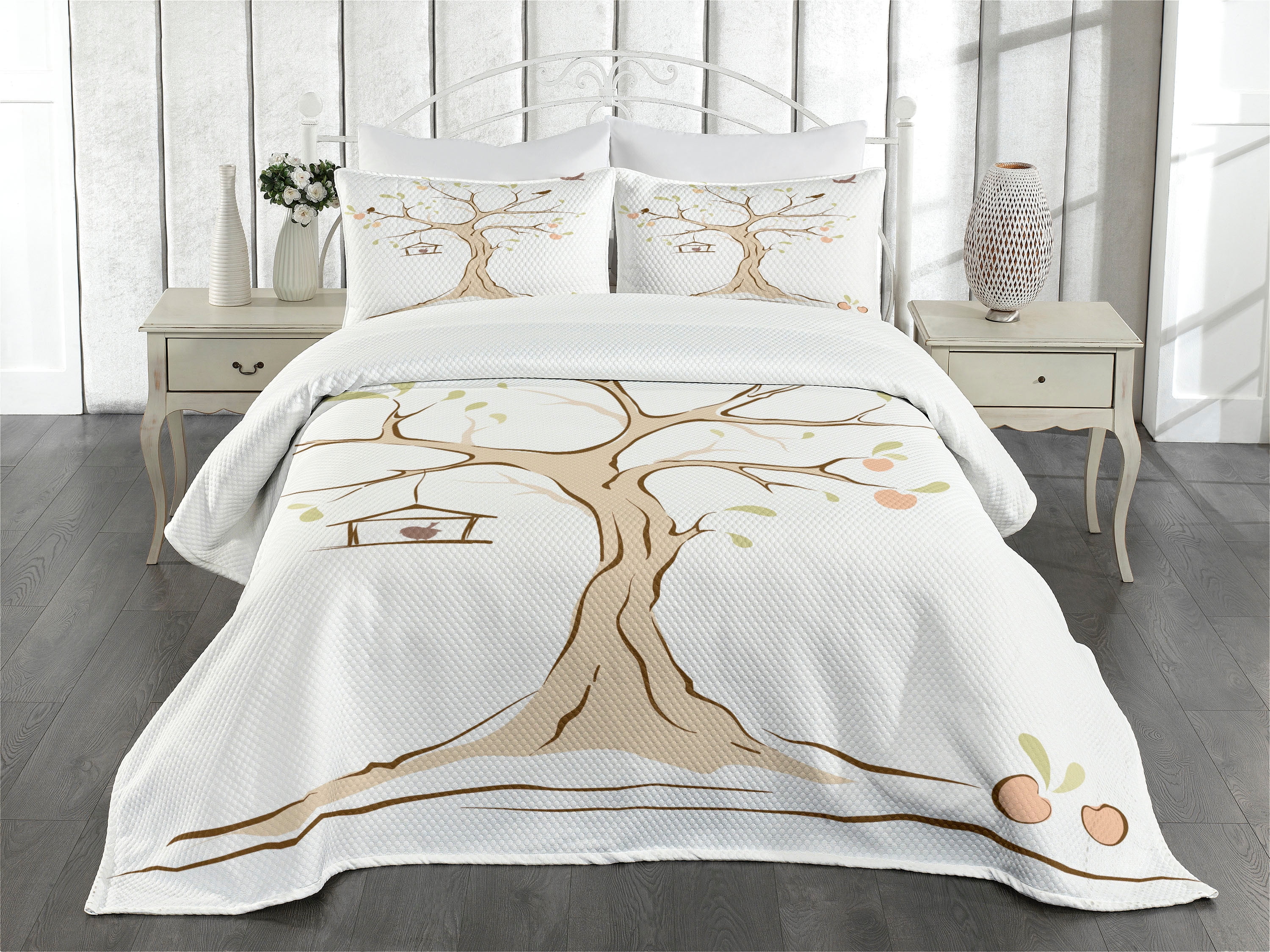 Ambesonne Tree Quilted Bedspread Set 3 Pcs, Apple Flying Birds Art ...