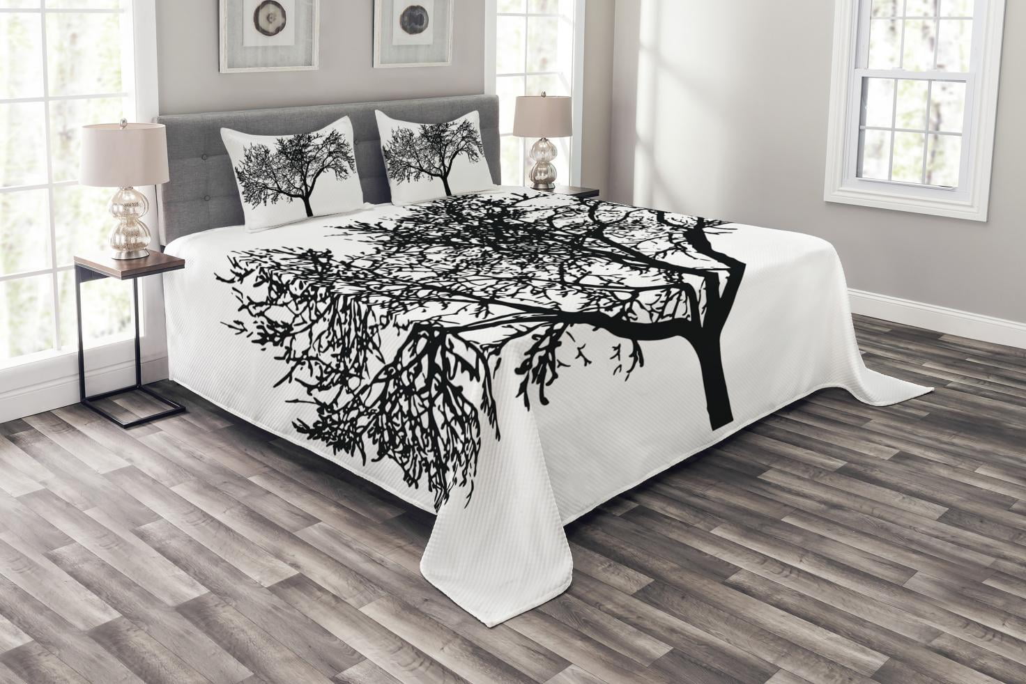Ambesonne Tree Quilted Bedspread Set 3 Pcs, Bare Branches Silhouette ...