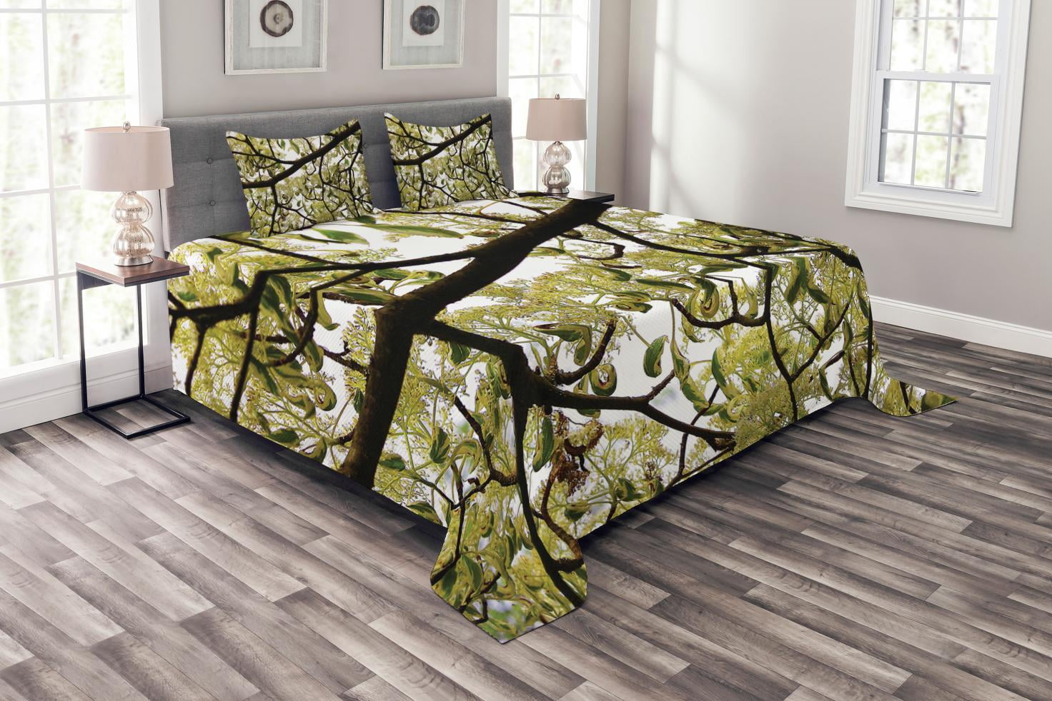 Ambesonne Tree Quilted Bedspread Set 3 Pcs, Close up Leafy Branches ...