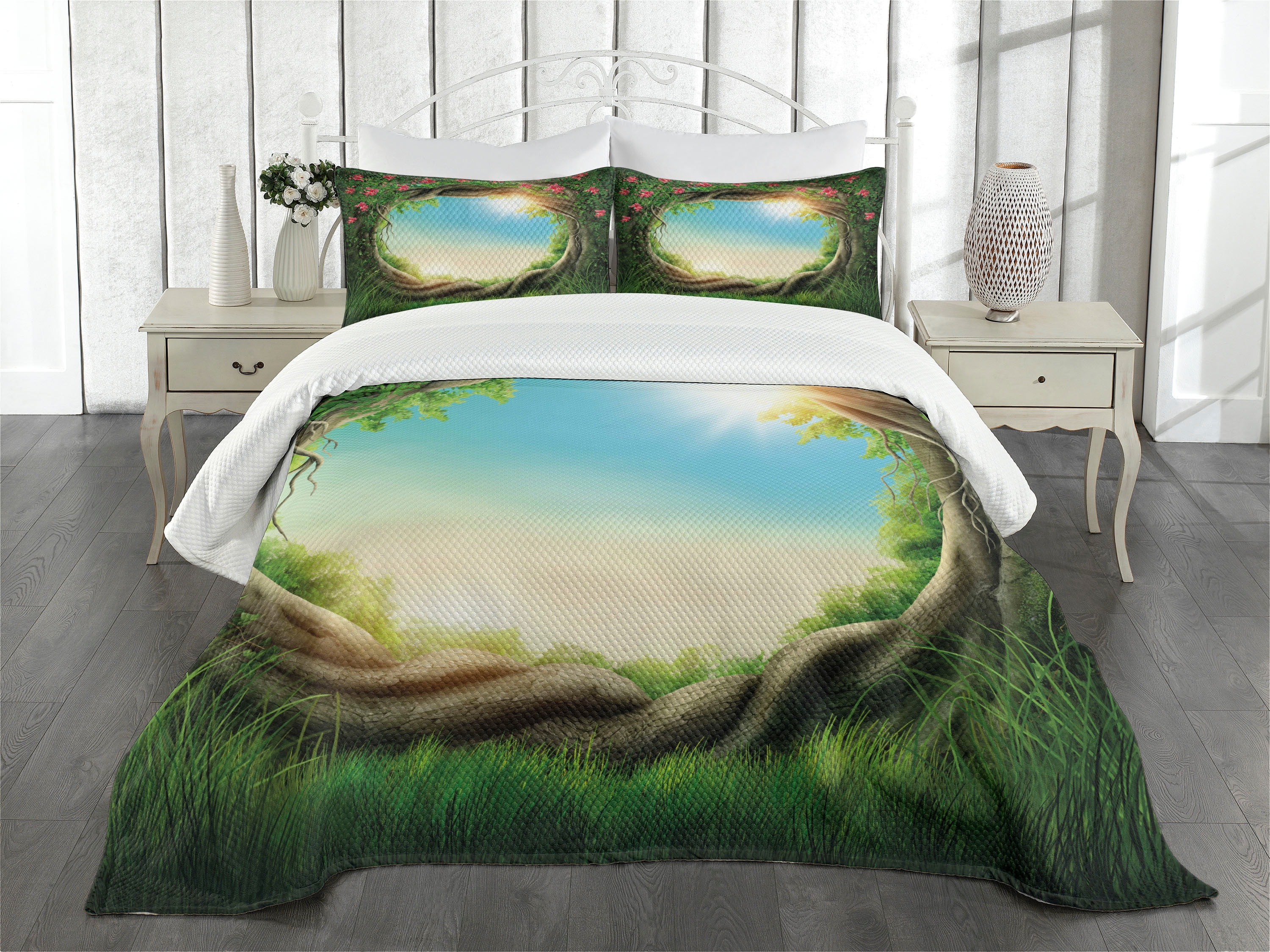 Ambesonne Tree Quilted Bedspread Set 3 Pcs, Enchanted Forest in Spring ...