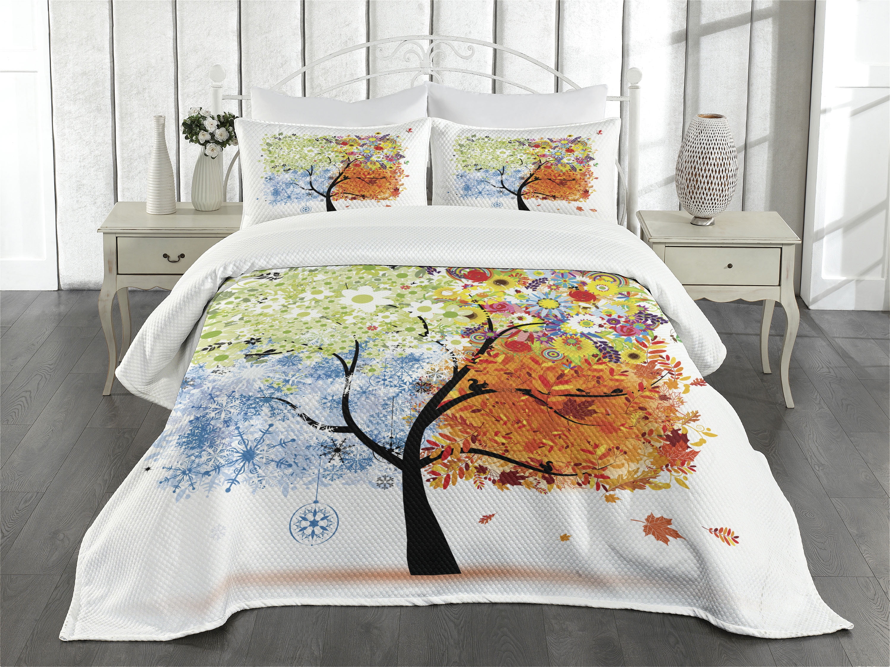 Ambesonne Tree Quilted Bedspread Set 3 Pcs, Flowers 4 Season Theme ...