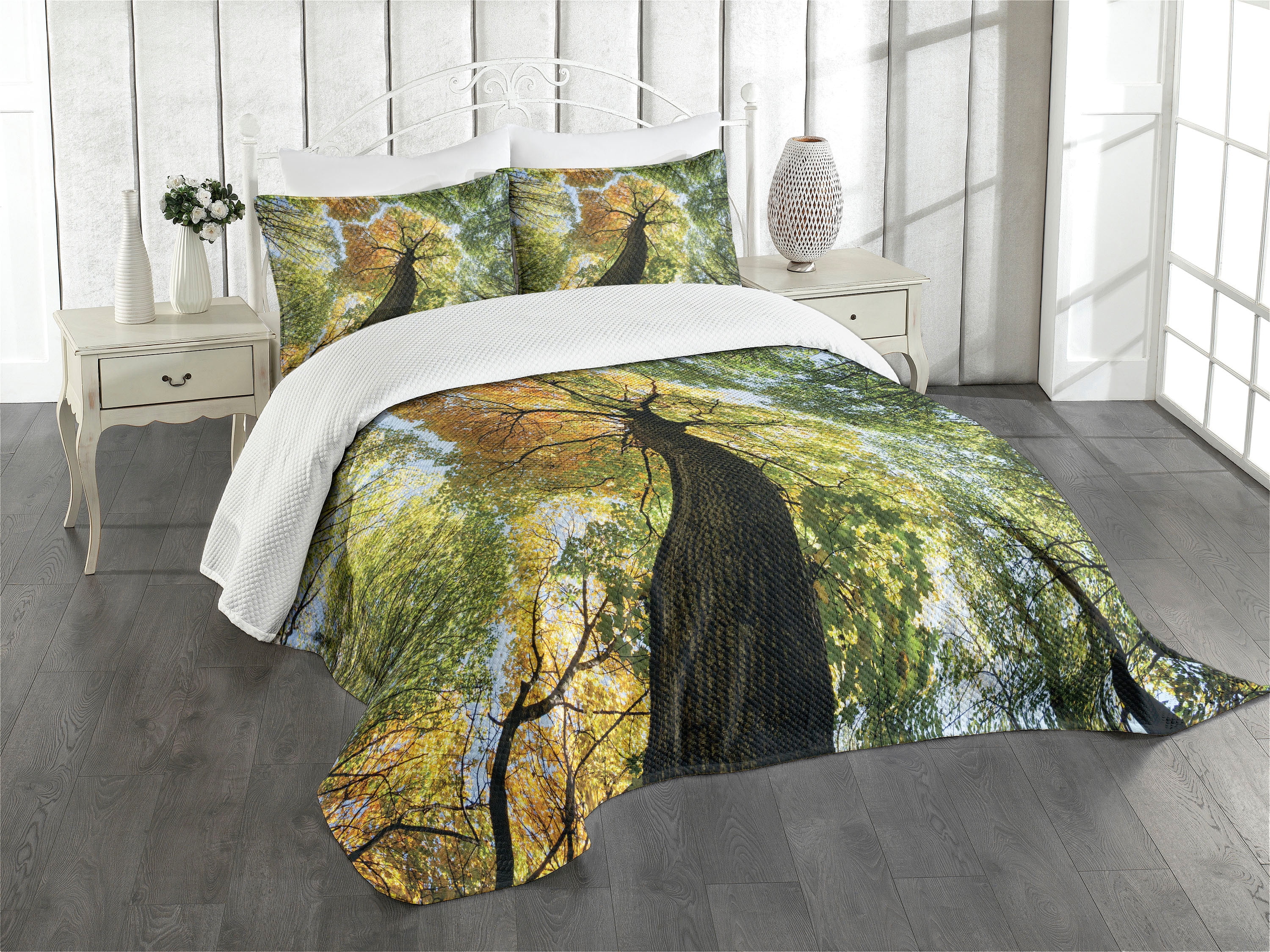 Ambesonne Tree Quilted Bedspread Set 3 Pcs, Forest Autumn Growth Eco ...