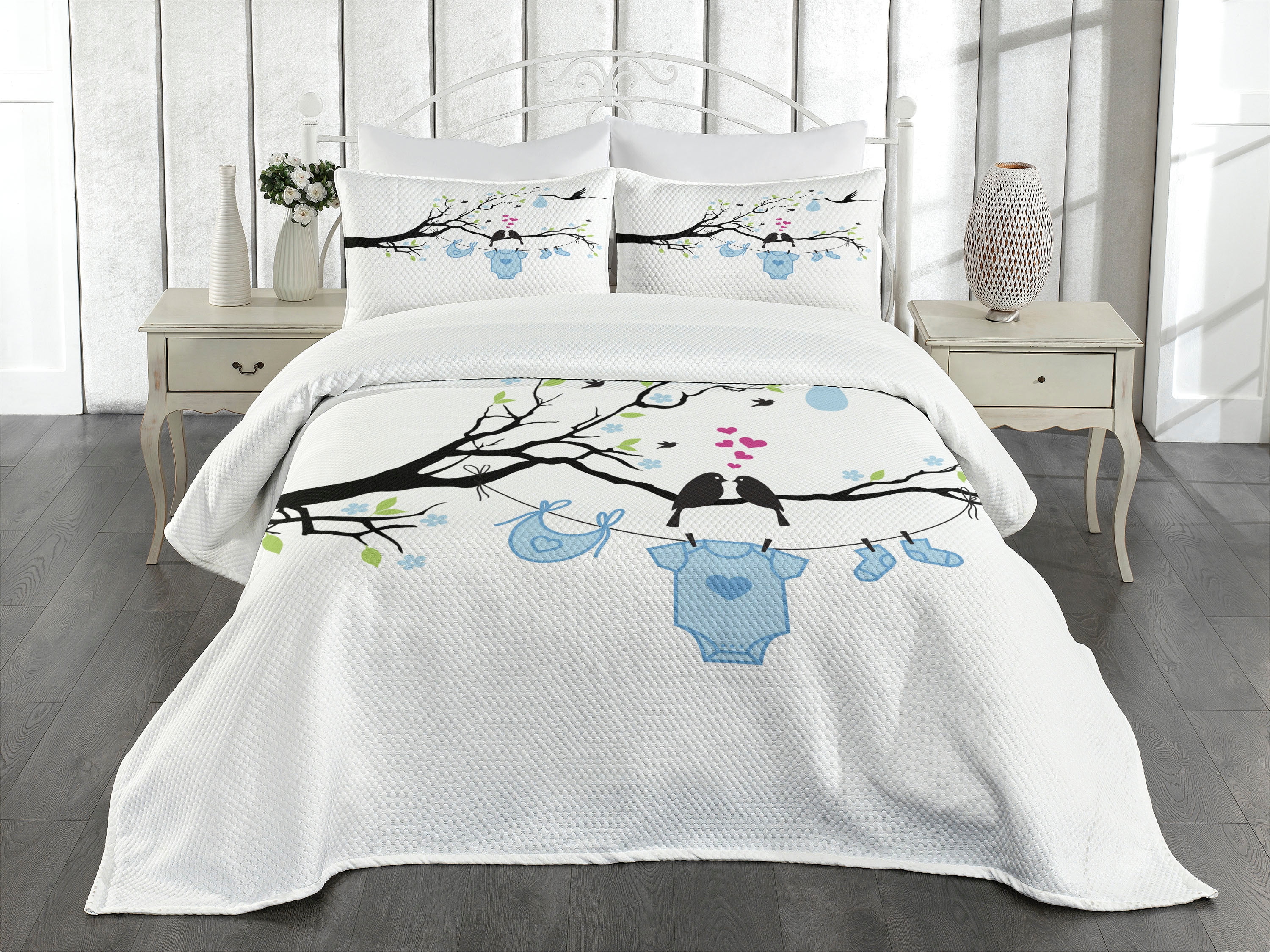 Ambesonne Tree Quilted Bedspread Set 3 Pcs, Love Bird Silhouettes Leafy ...