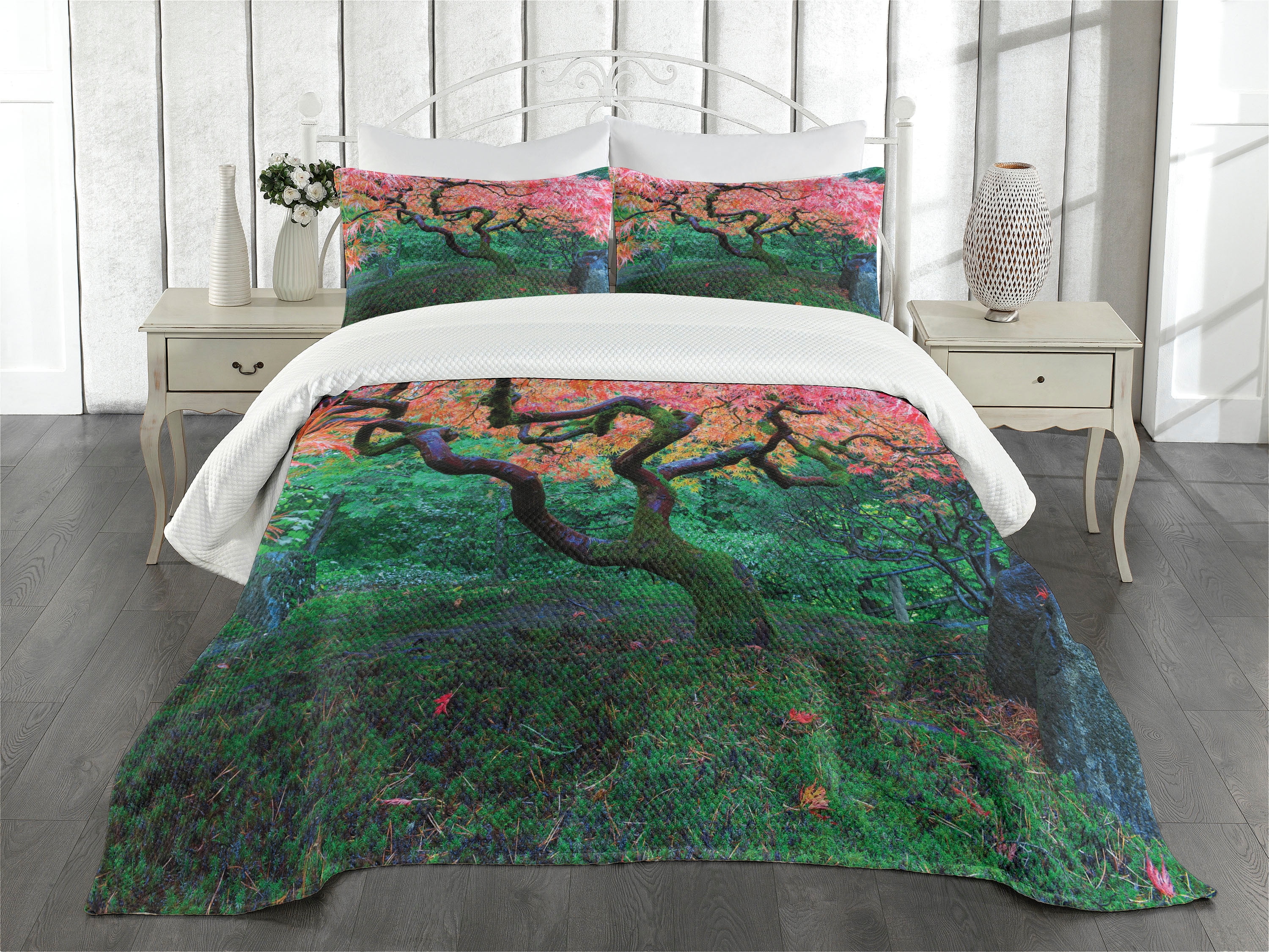 Ambesonne Tree Quilted Bedspread Set 3 Pcs, Red Leaf Maple in Garden ...