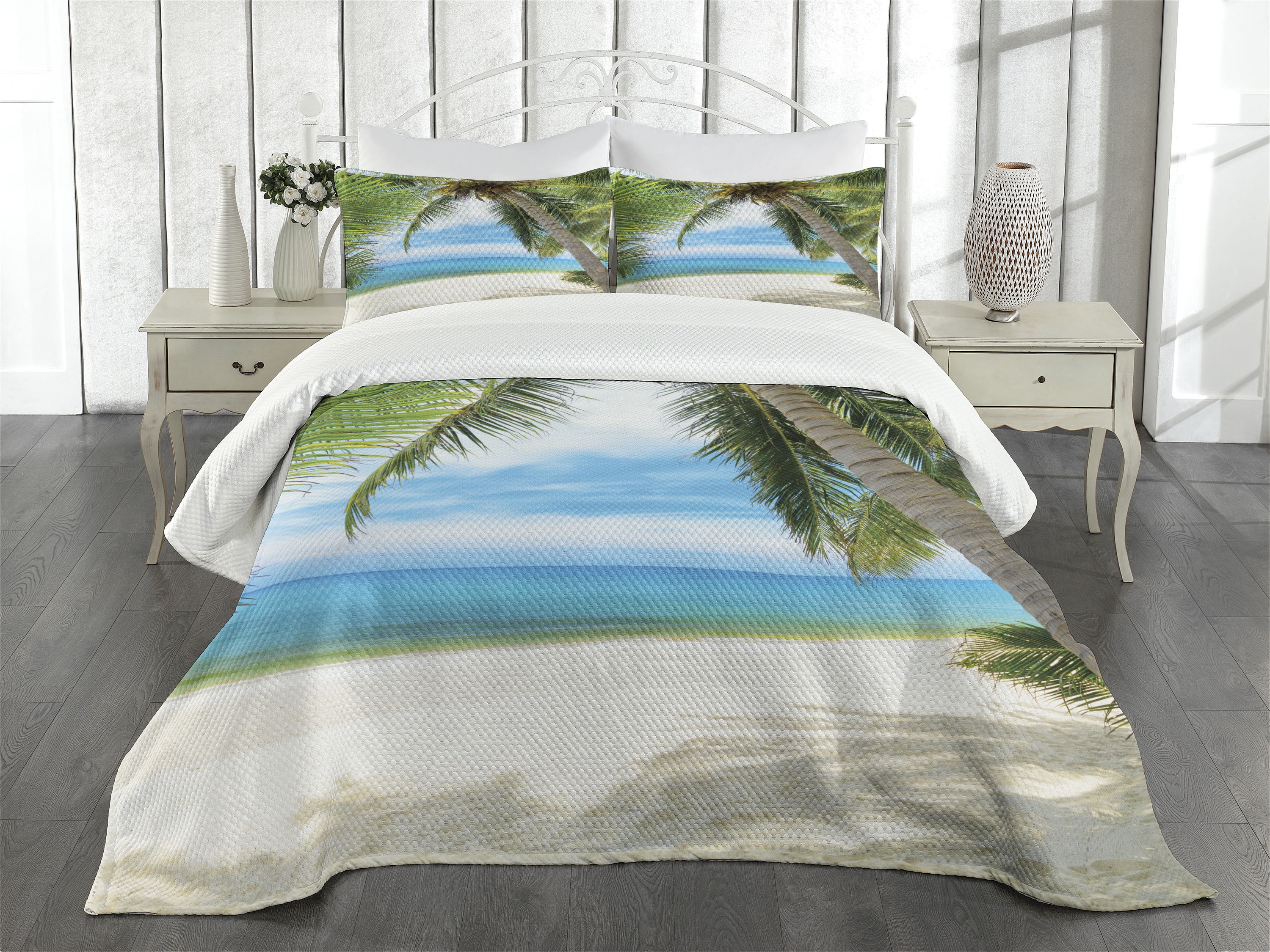 Ambesonne Tree Quilted Bedspread Set 3 Pcs, Shadow Shade of Palms, King ...