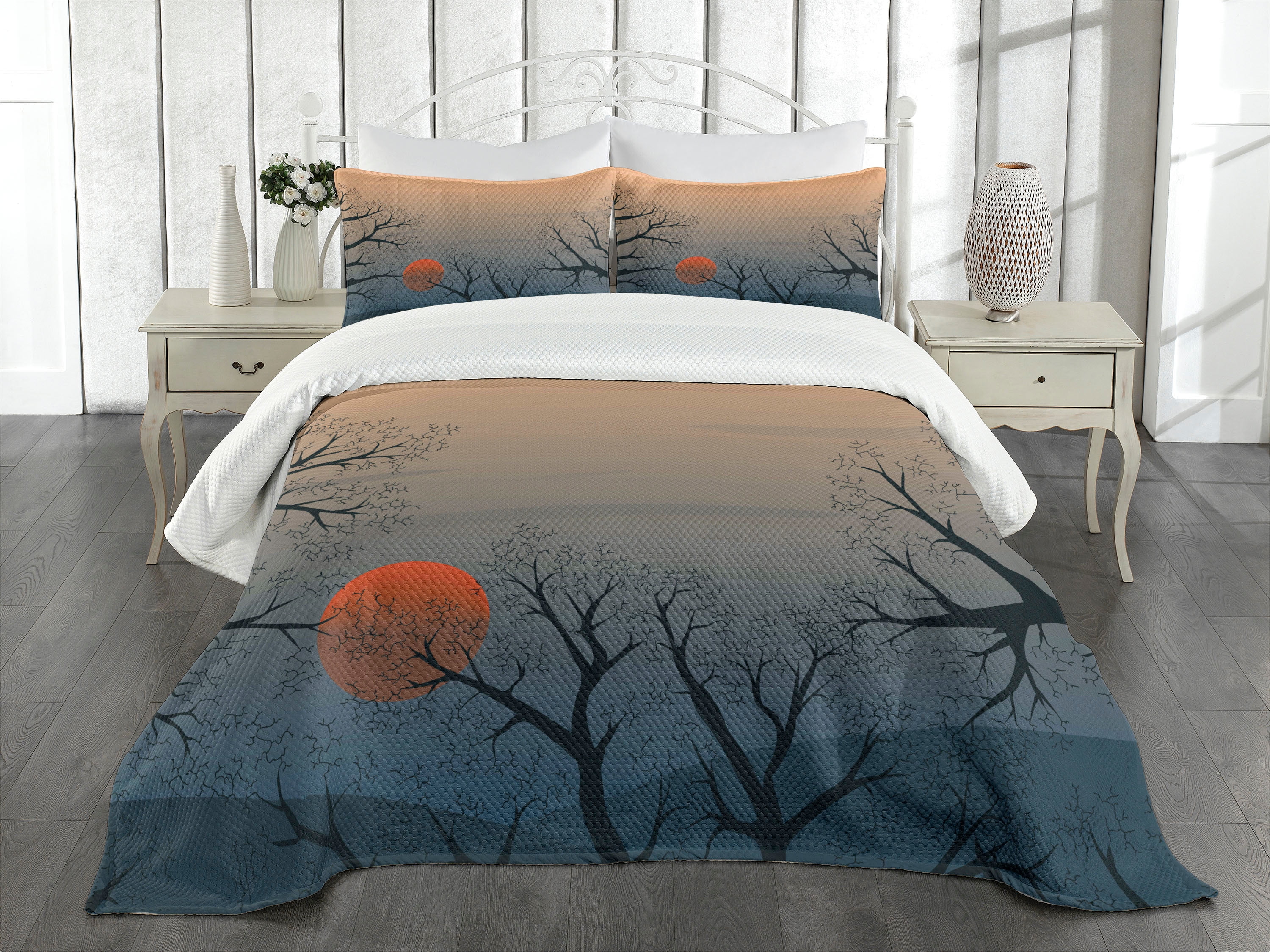 Ambesonne Tree Quilted Bedspread Set 3 Pcs, Sunrise Branches Misty Sky ...