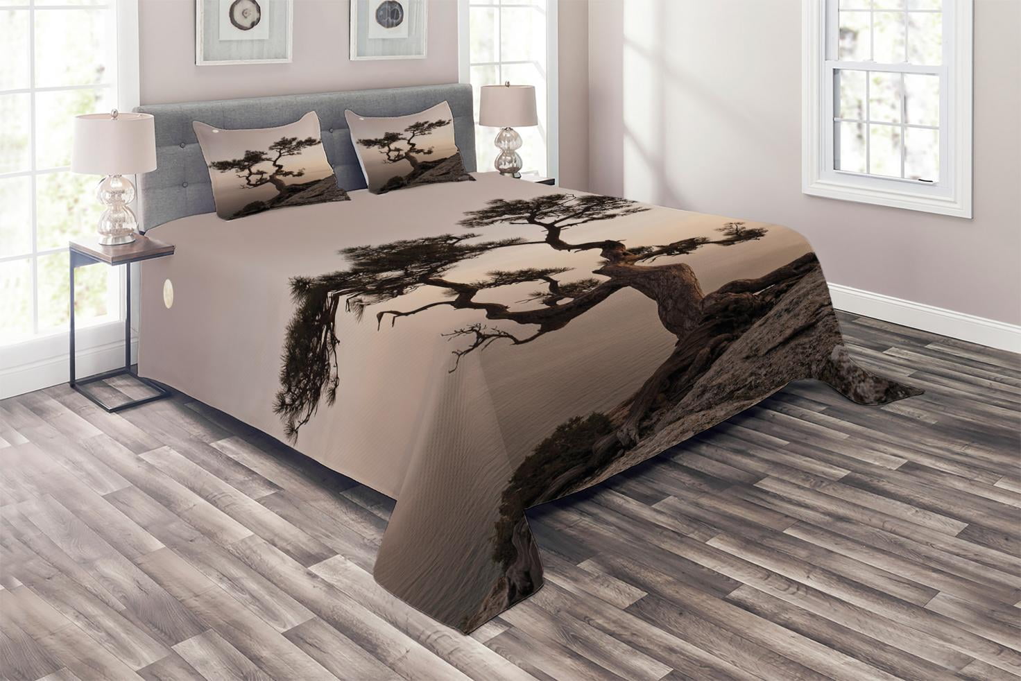 Ambesonne Tree Quilted Coverlet 3 Pcs, Lonely Juniper Tree Fall, Queen ...