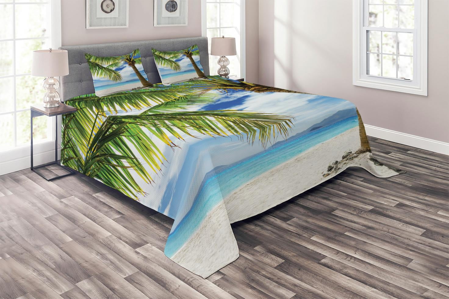 Ambesonne Tree Quilted Coverlet 3 Pcs, Sandy Beach Sunny, Queen Size ...