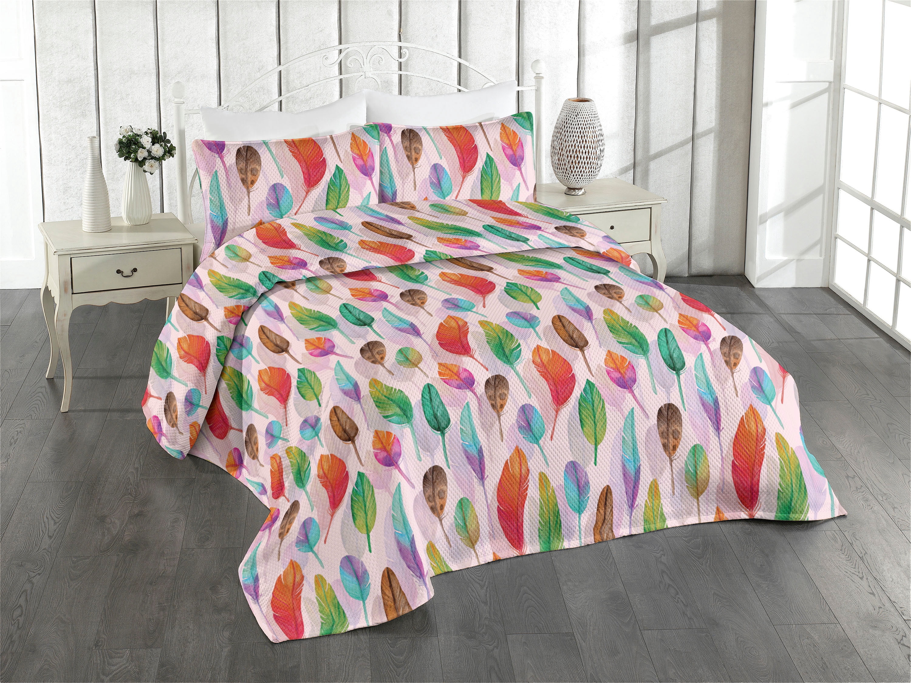 Ambesonne Tribal Feathers Quilted Bedspread Set 3 Pcs, Oriental Fuzz ...