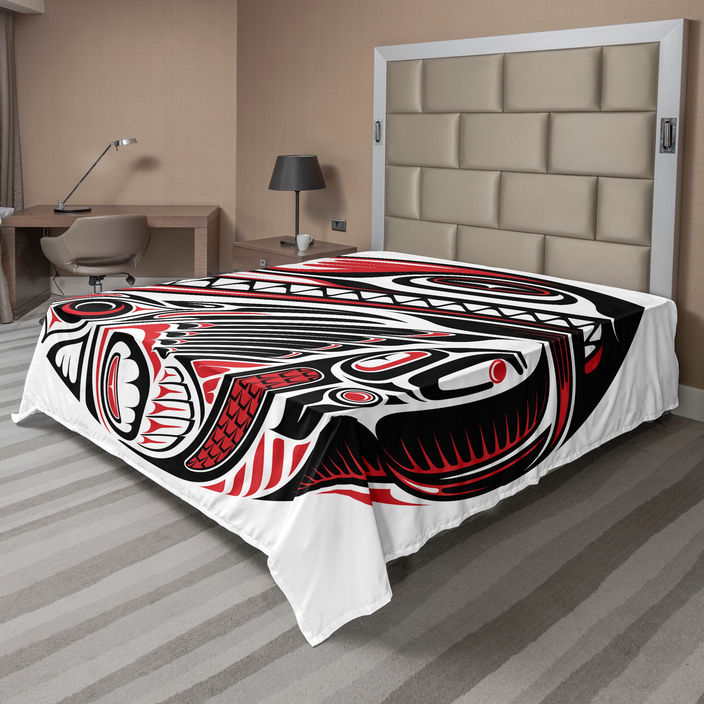 Ambesonne Tribal Flat Sheet, Haida Animal Art, King Size, White Red ...