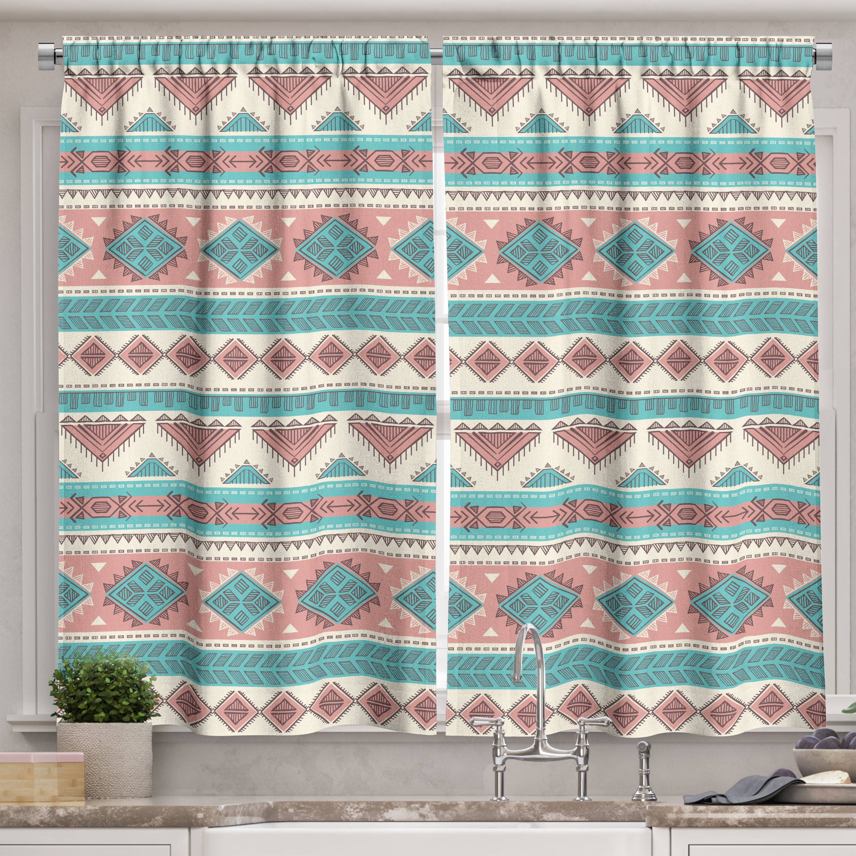Ambesonne Tribal Kitchen Curtains, Aztec Art Style, 55"x39", Cream Aqua ...