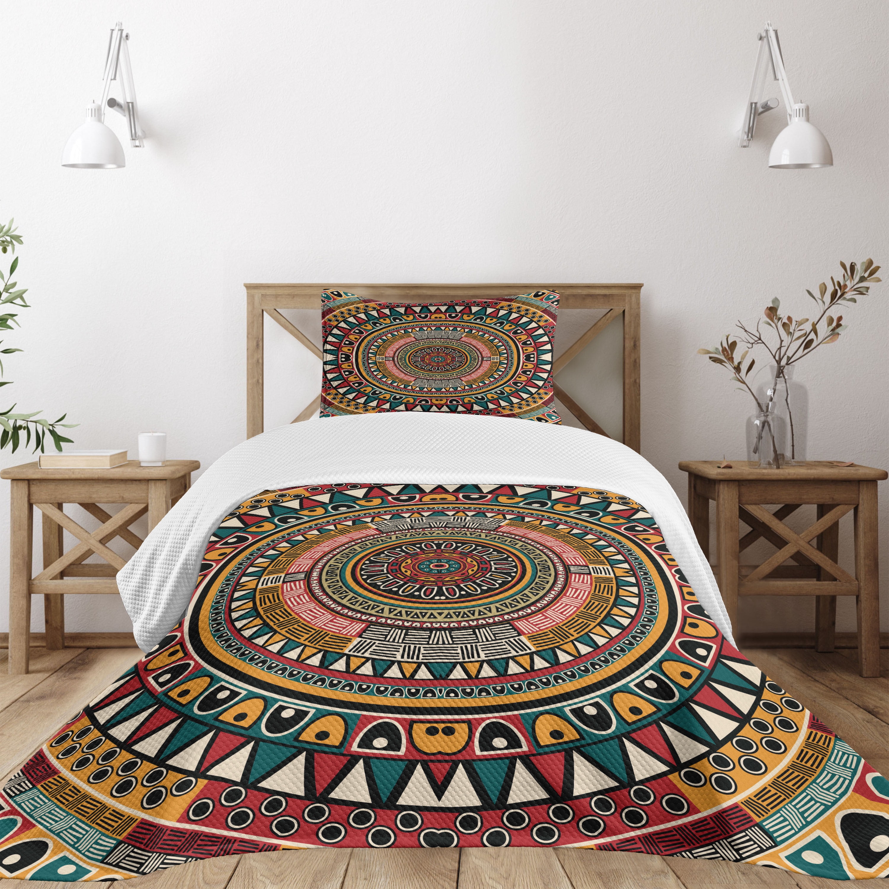 Ambesonne Tribal Quilted Bedspread Set 2 Pcs, Color Art, Twin Size, Jade Ruby and Mustard ...