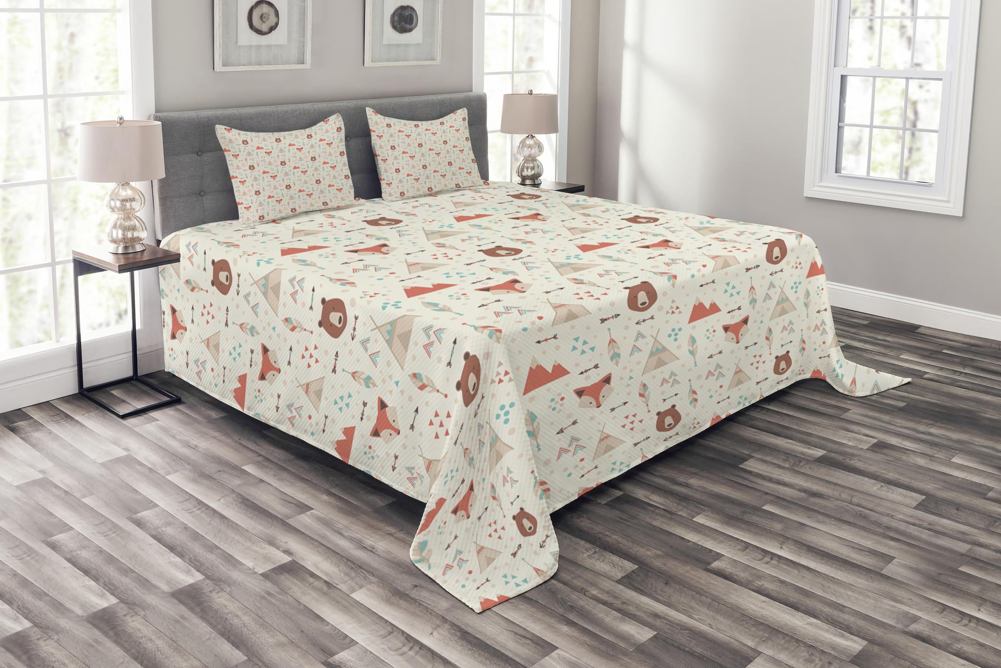 Ambesonne Tribal Quilted Bedspread Set 3 Pcs, Fox Bear Arrows, Queen ...