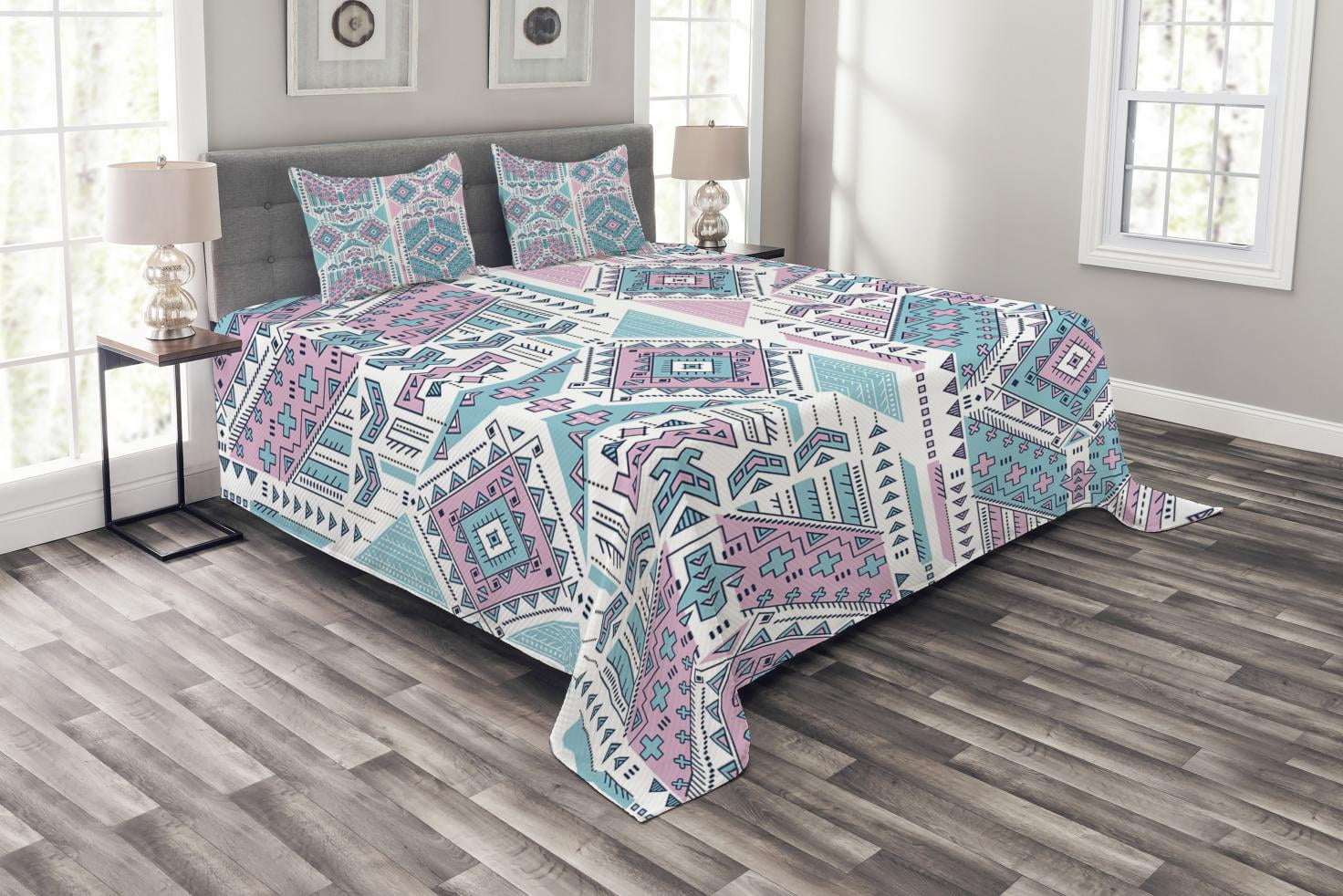 Ambesonne Tribal Quilted Bedspread Set 3 Pcs, Pink Teal Aztec, Queen ...