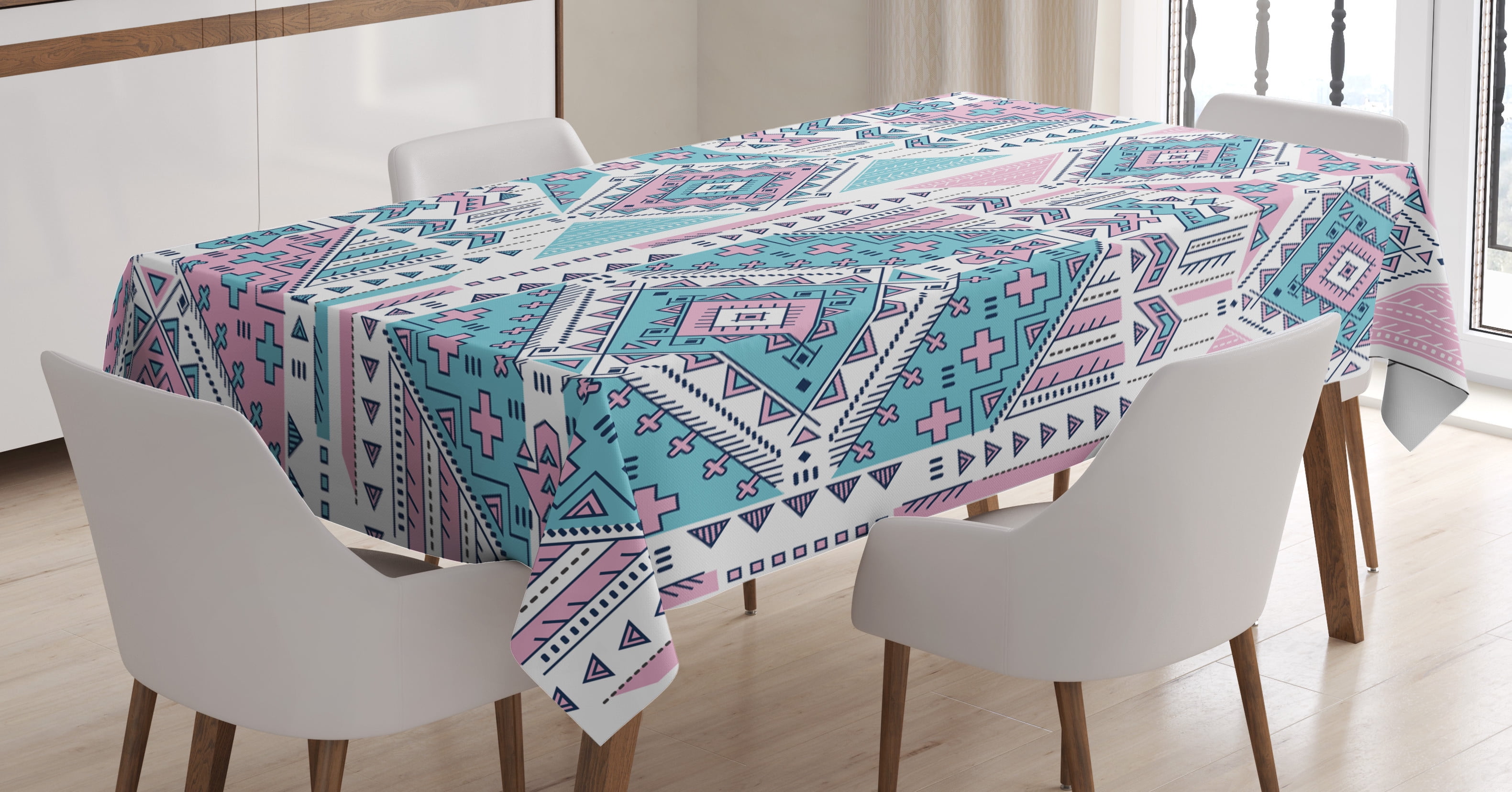 Ambesonne Tribal Tablecloth Rectangular Table Cover, Pink Teal Aztec ...