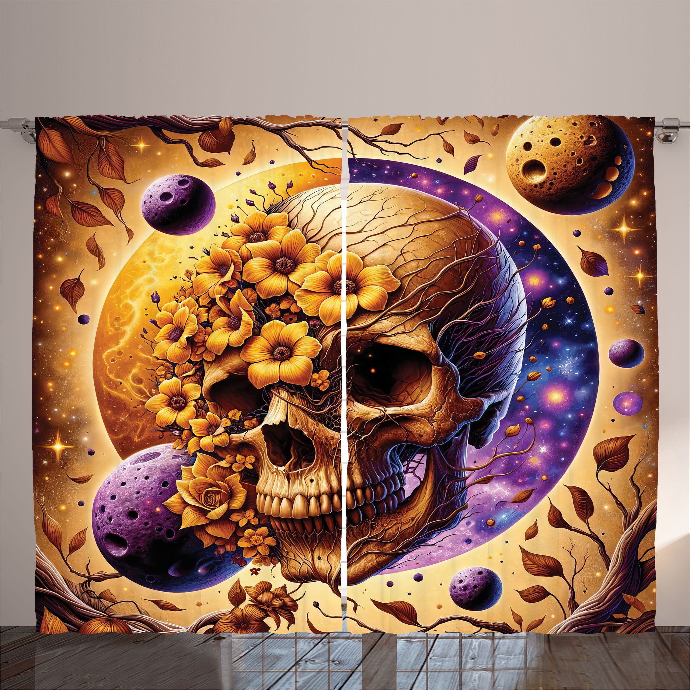 Ambesonne Trippy Curtains 2 Panel Set, Neo Trad Floral Skull Leaves ...