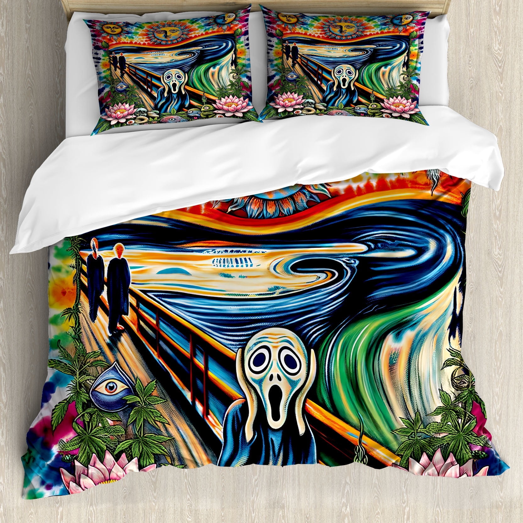 Ambesonne Trippy Duvet Cover Set, Esoteric Sun and Moon Scream, King ...