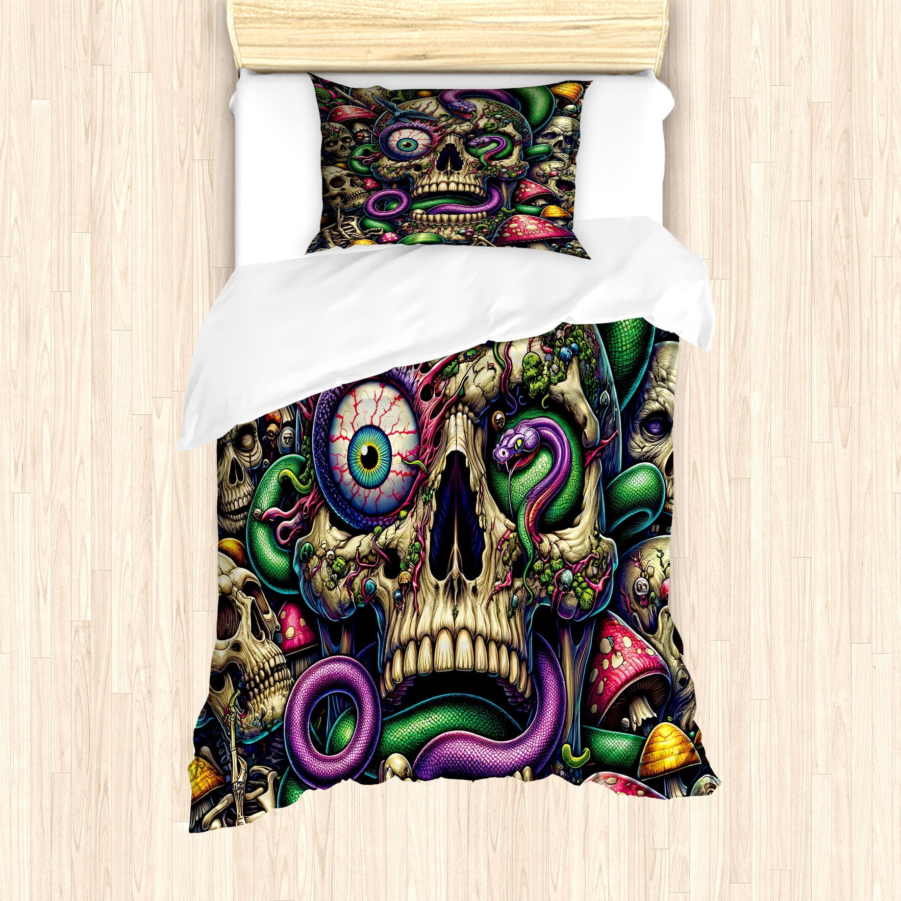 Ambesonne Trippy Duvet Cover Set, Huddle Spooky Snake Skulls, Twin ...