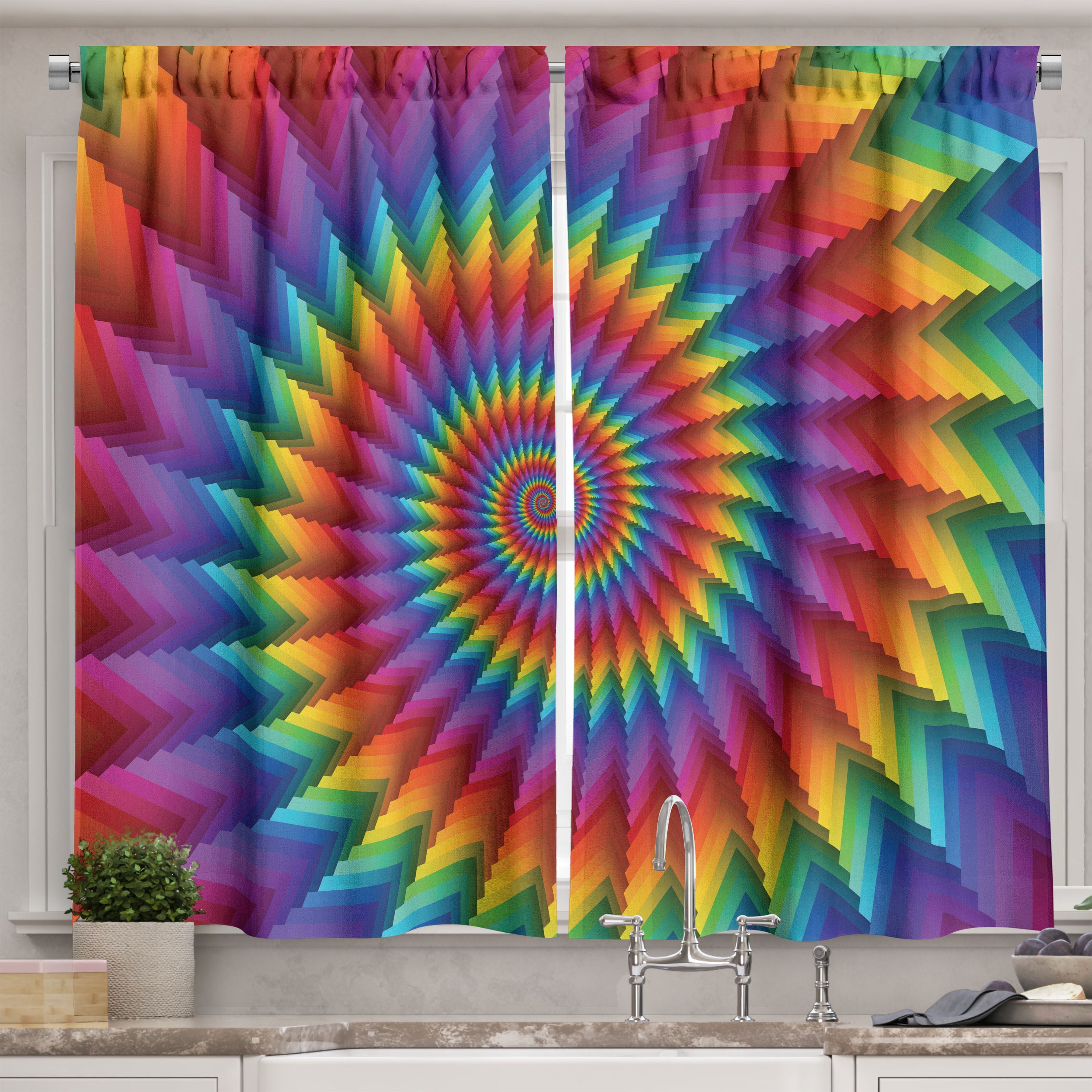 Ambesonne Trippy Kitchen Curtains, Vibrant Rainbow Spiral, 55"x39 ...