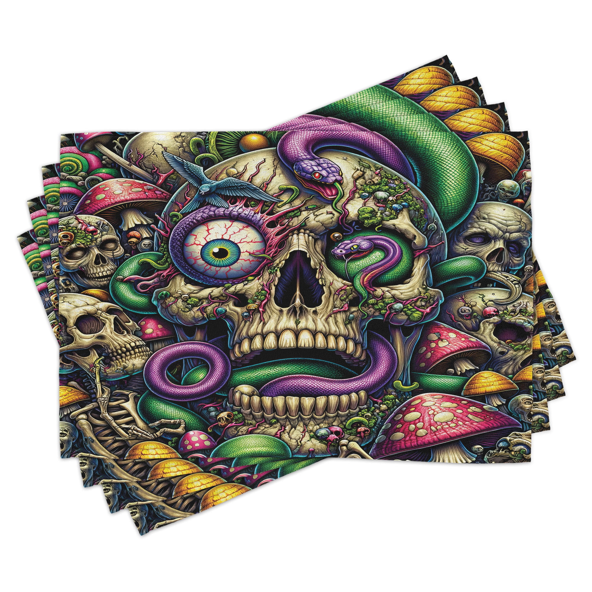 Ambesonne Trippy Place Mats Set of 4, Huddle Spooky Snake Skulls ...