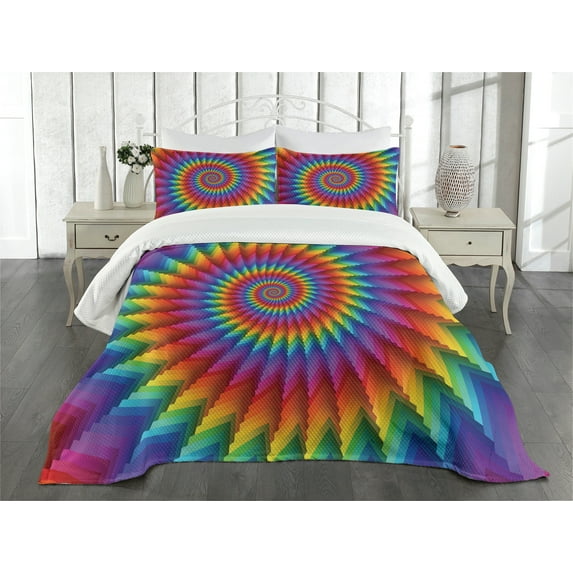 Ambesonne Trippy Quilted Bedspread Set 3 Pcs, Vibrant Rainbow Spiral ...