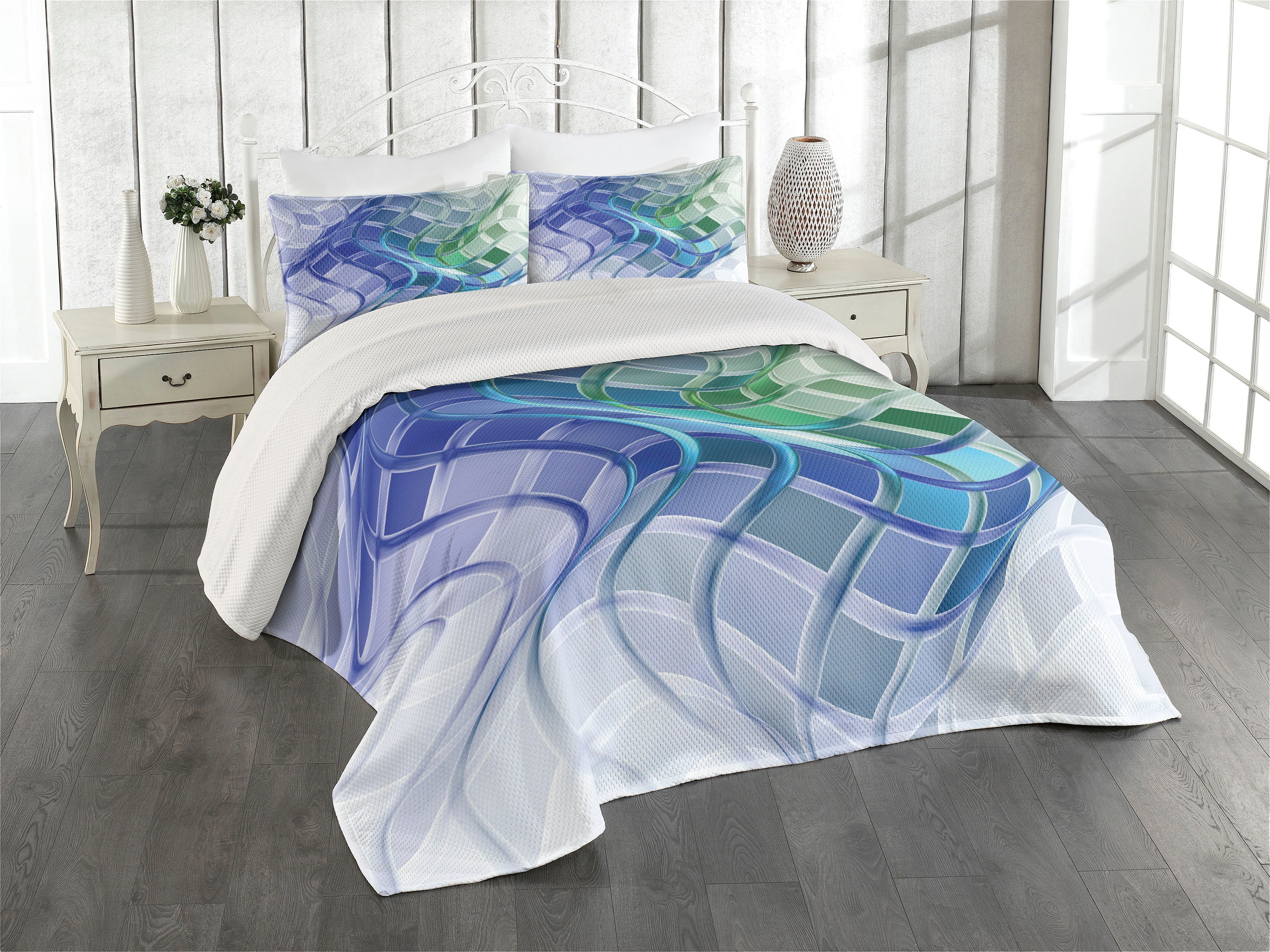 Ambesonne Trippy Quilted Coverlet 3 Pcs, Abstract Wavy Squares, Queen ...