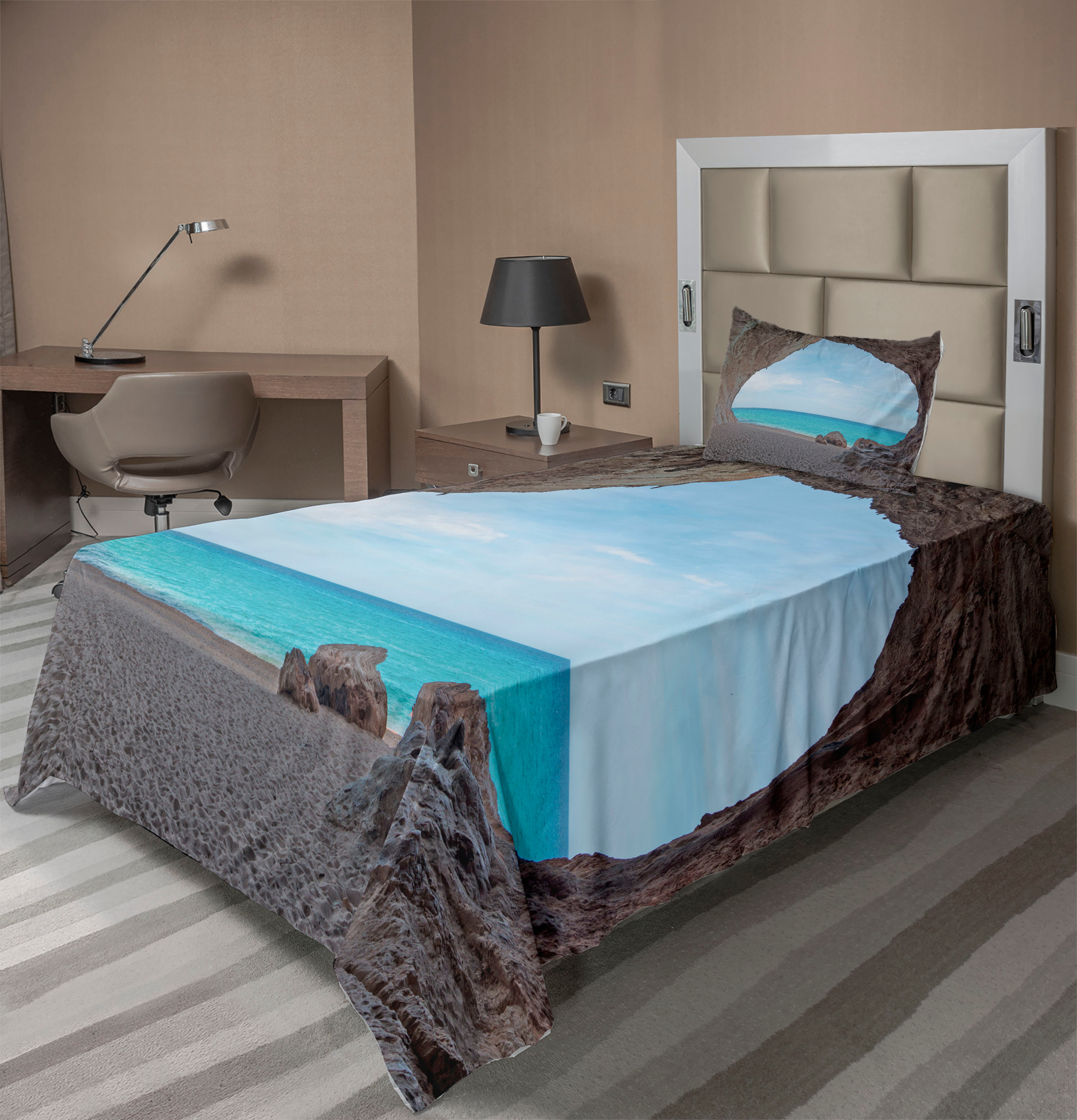 Ambesonne Tropic Fitted & Top Sheet Set with Sham, Mediterranean Beach ...