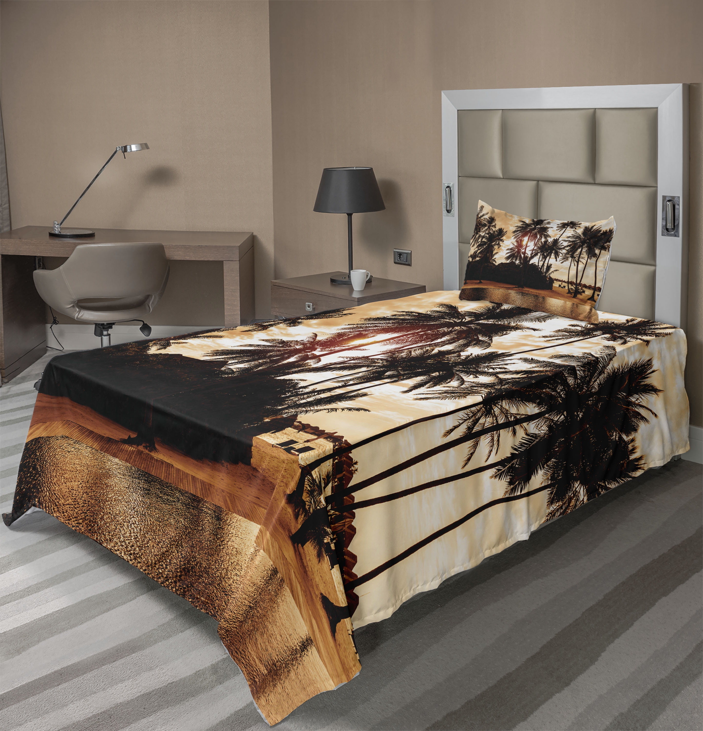 Ambesonne Tropic Fitted & Top Sheet Set with Sham, Ocean Sea Love Palms ...