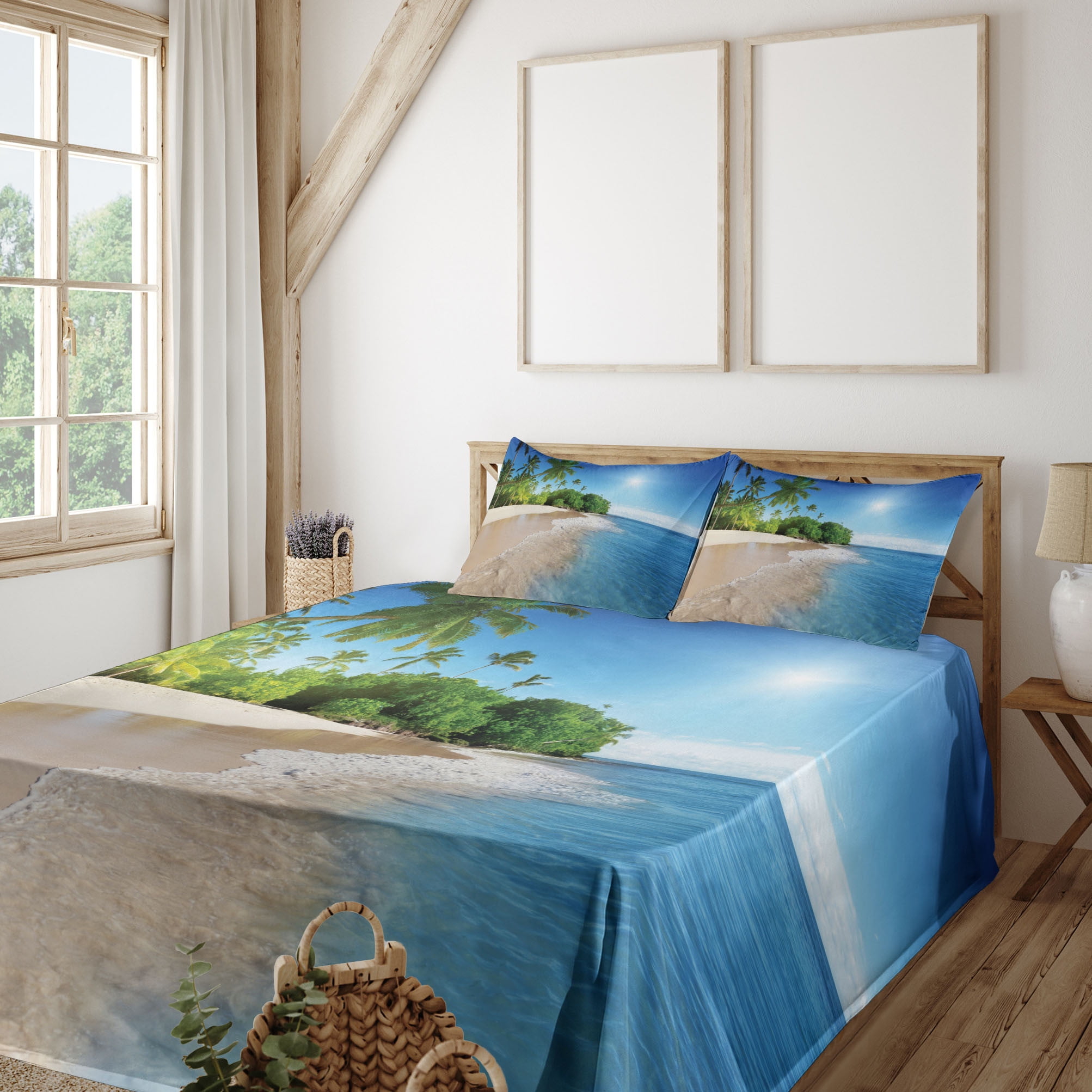 Ambesonne Tropic Fitted & Top Sheet Set with Shams, Suuny Ocean Palm ...