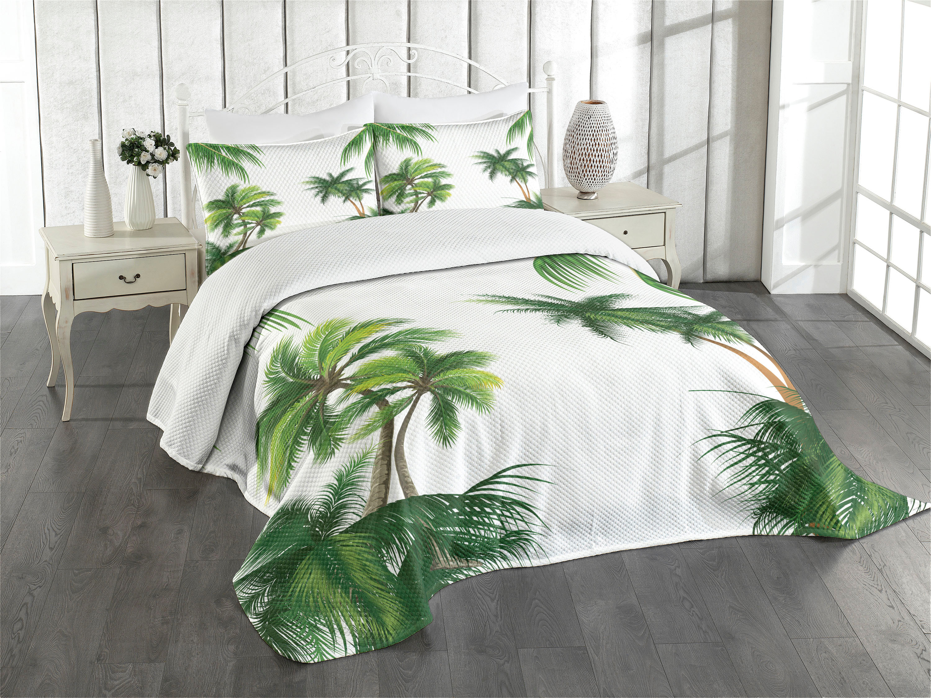 Ambesonne Tropic Quilted Bedspread Set 3 Pcs, Coconut Palm Tree Plants ...