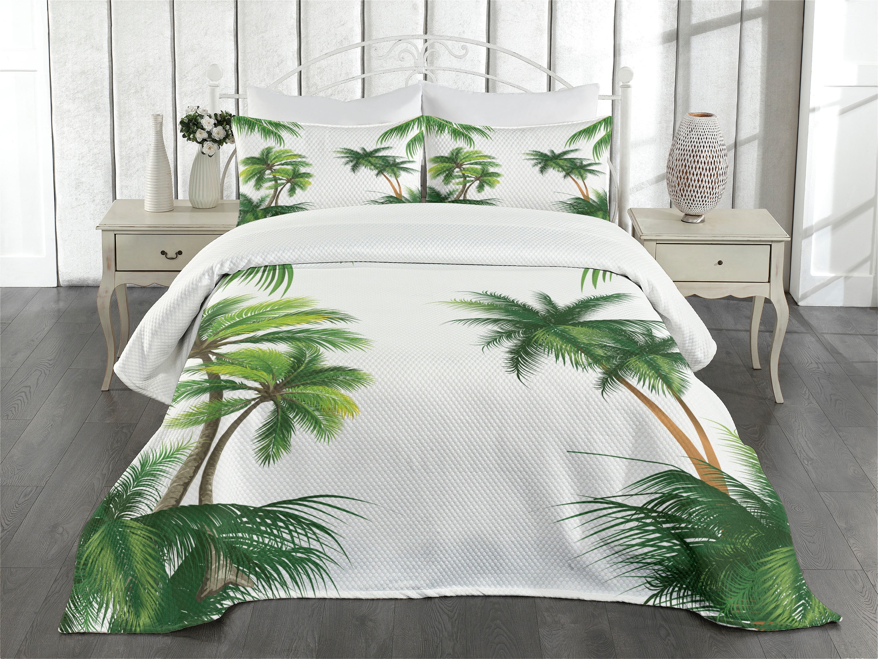 Ambesonne Tropic Quilted Bedspread Set 3 Pcs, Coconut Palm Tree Plants ...