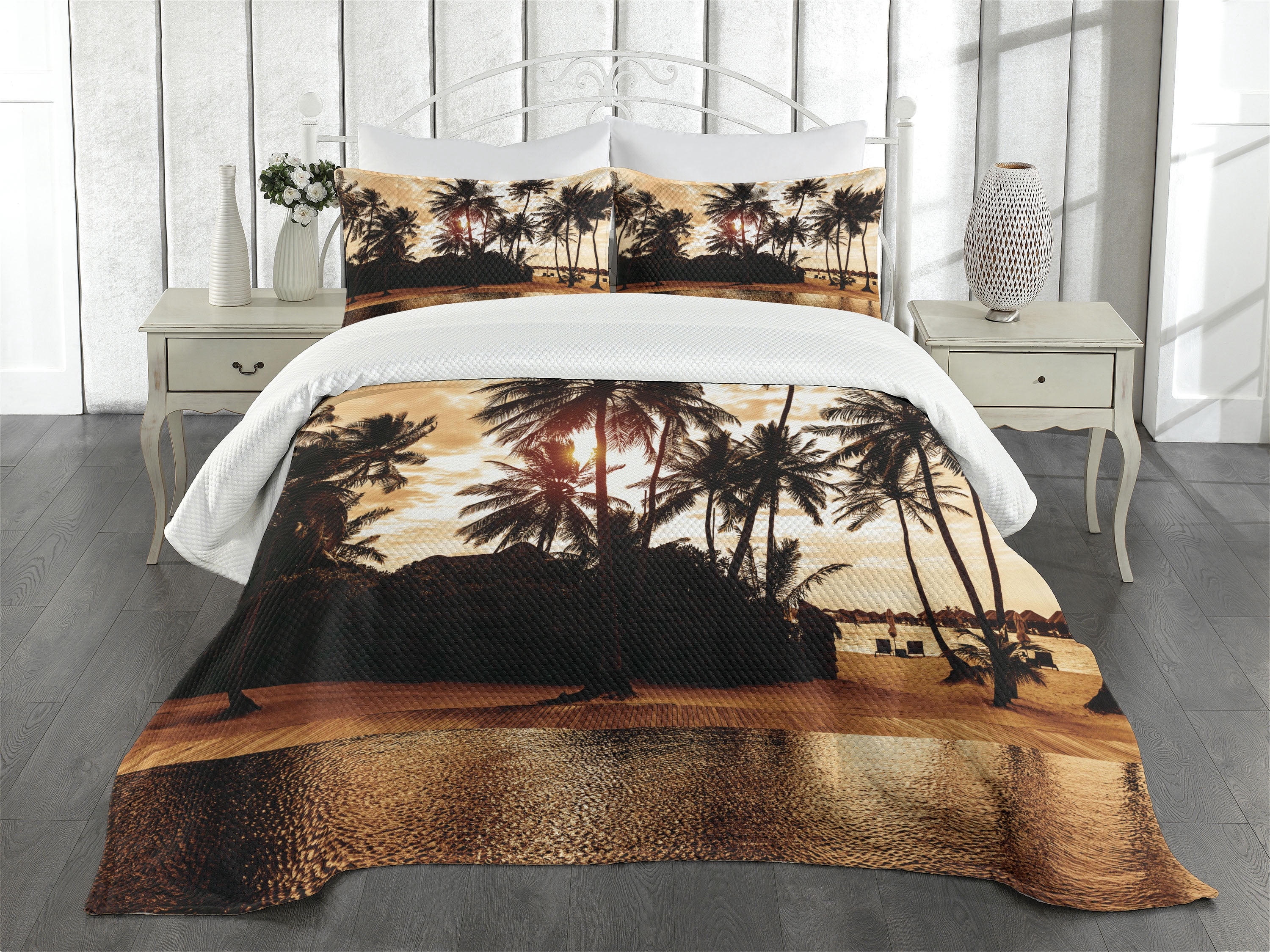 Ambesonne Tropic Quilted Bedspread Set 3 Pcs, Ocean Sea Love Palms ...