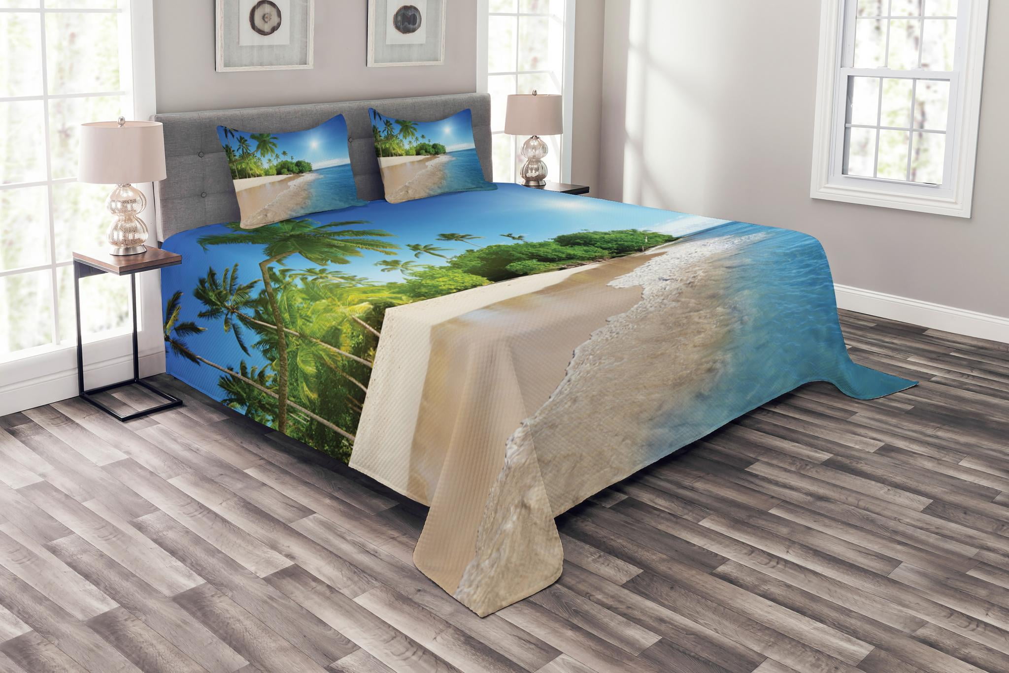 Ambesonne Tropic Quilted Bedspread Set 3 Pcs, Suuny Ocean Palm Trees ...