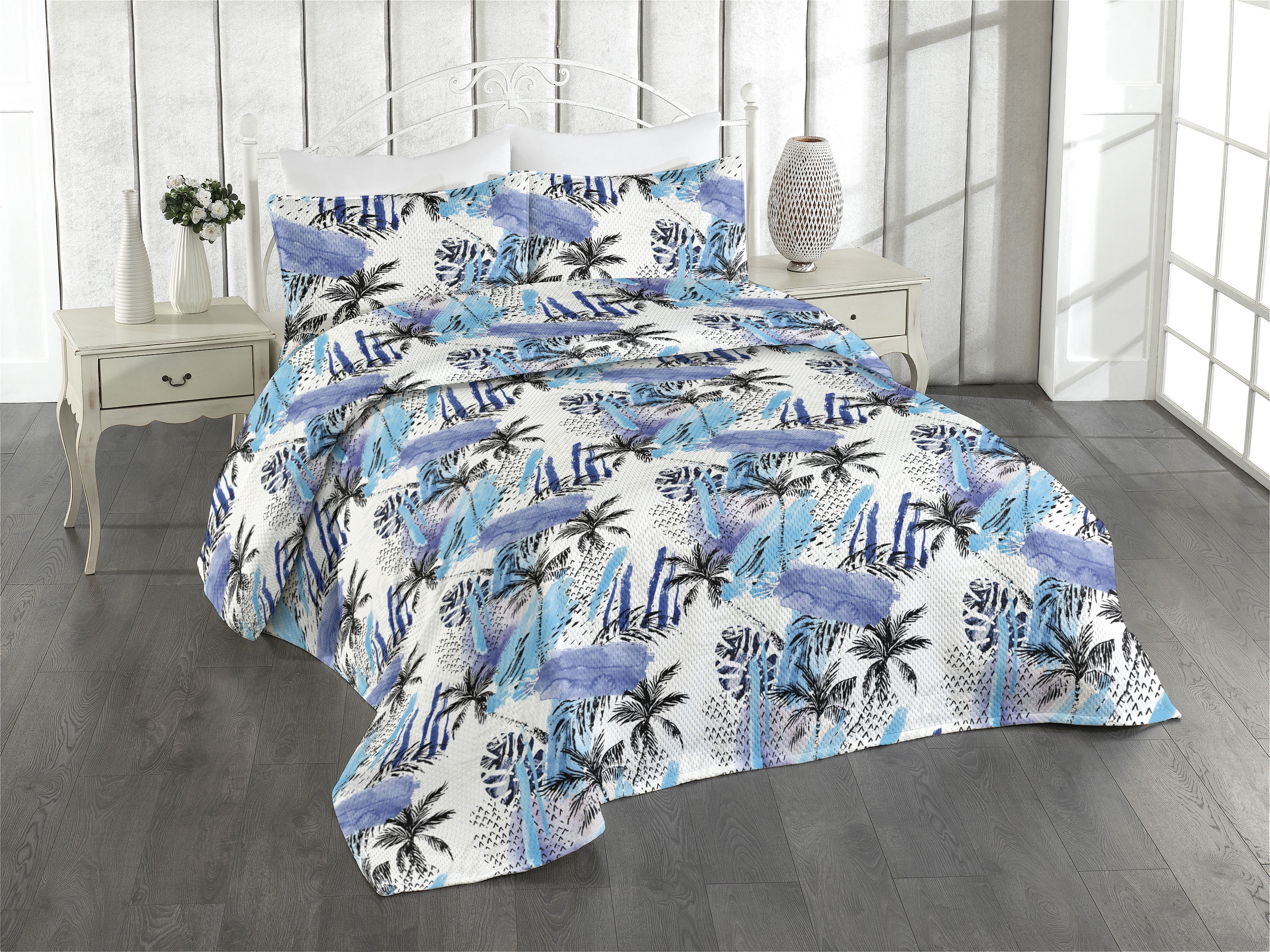 Ambesonne Tropical Boho Quilted Bedspread Set 3 Pcs, Abstract Brush ...